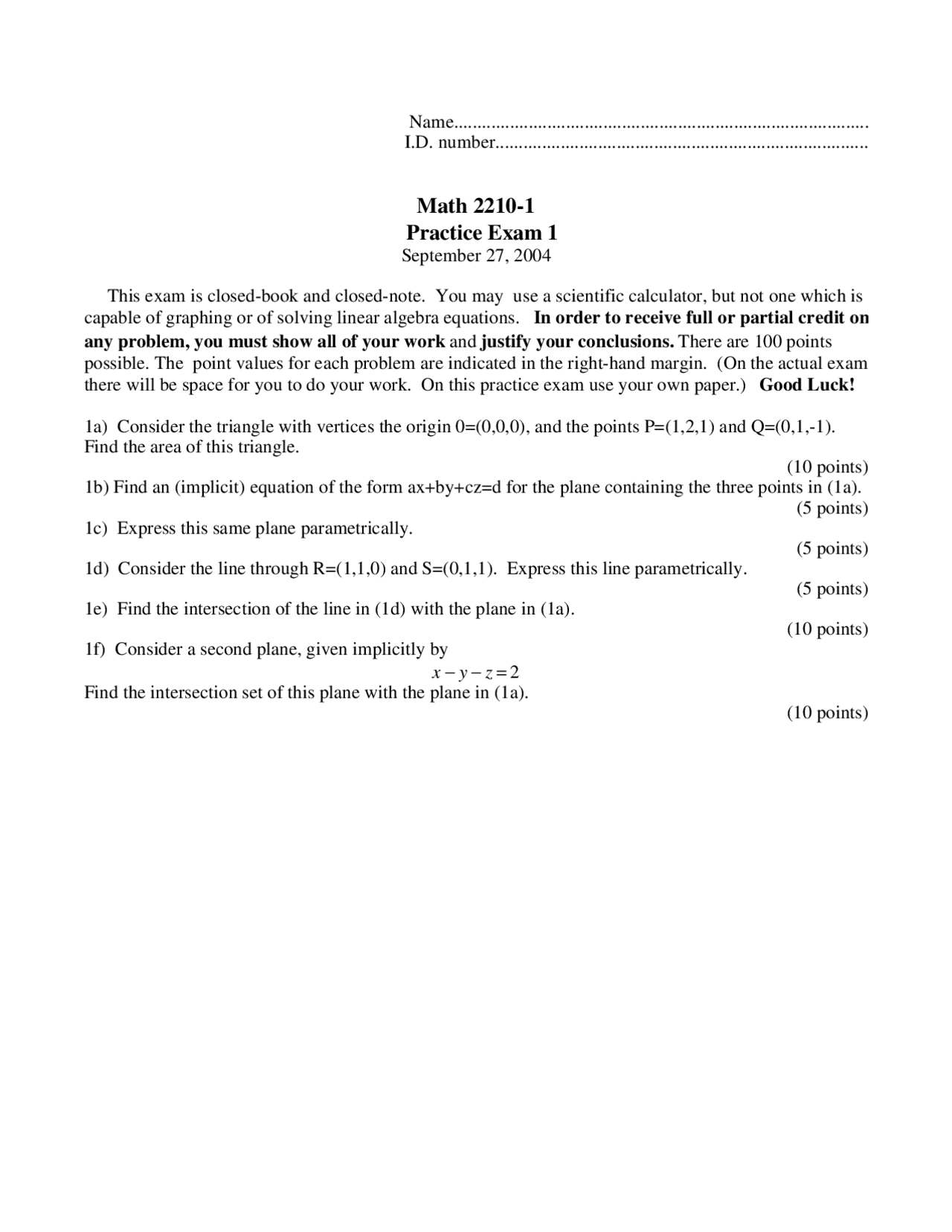 Examination 1 on Calculus III - Fall 2004 | MATH 2210 - Docsity