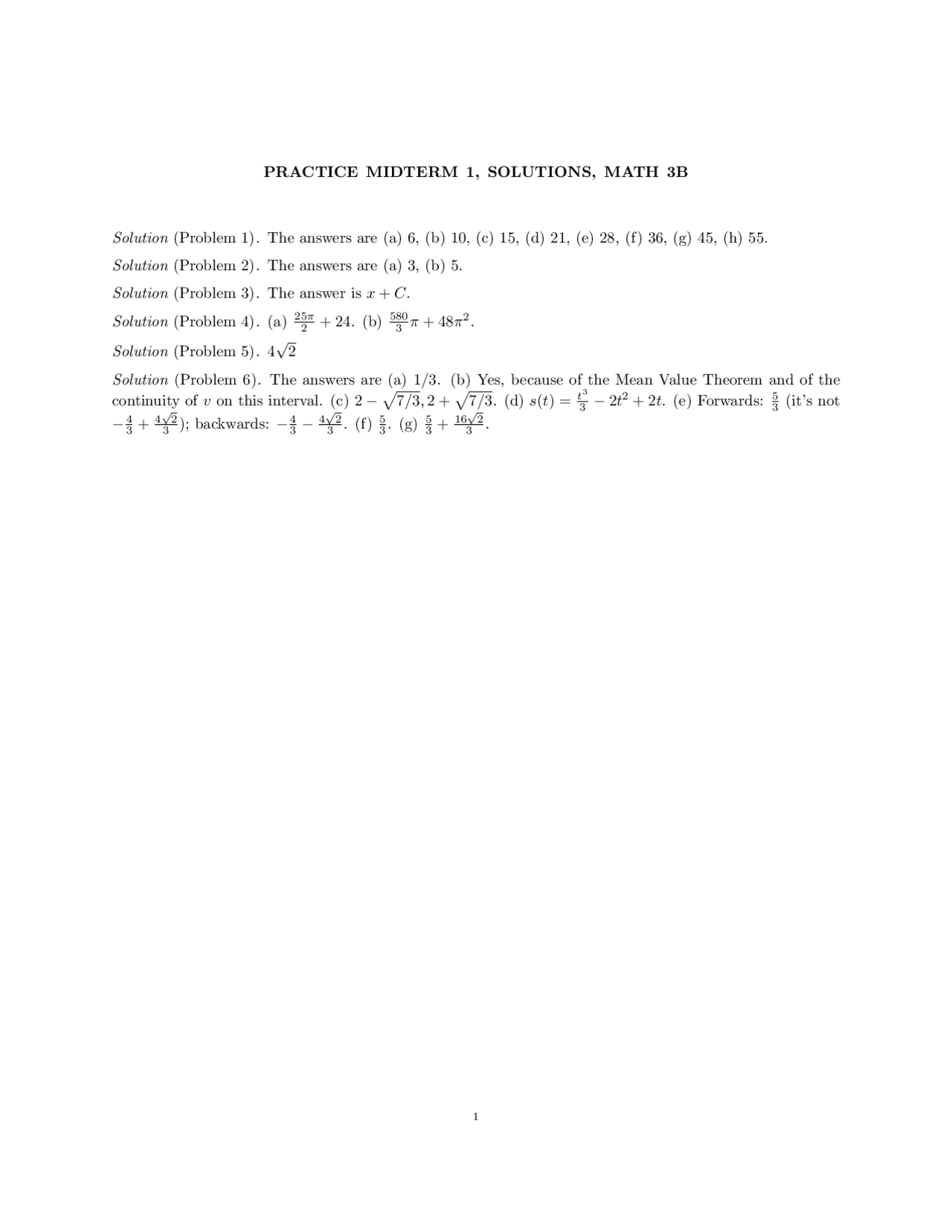 6 Problems In Midterm Exam On Mean Value Theorem Math 3b Docsity