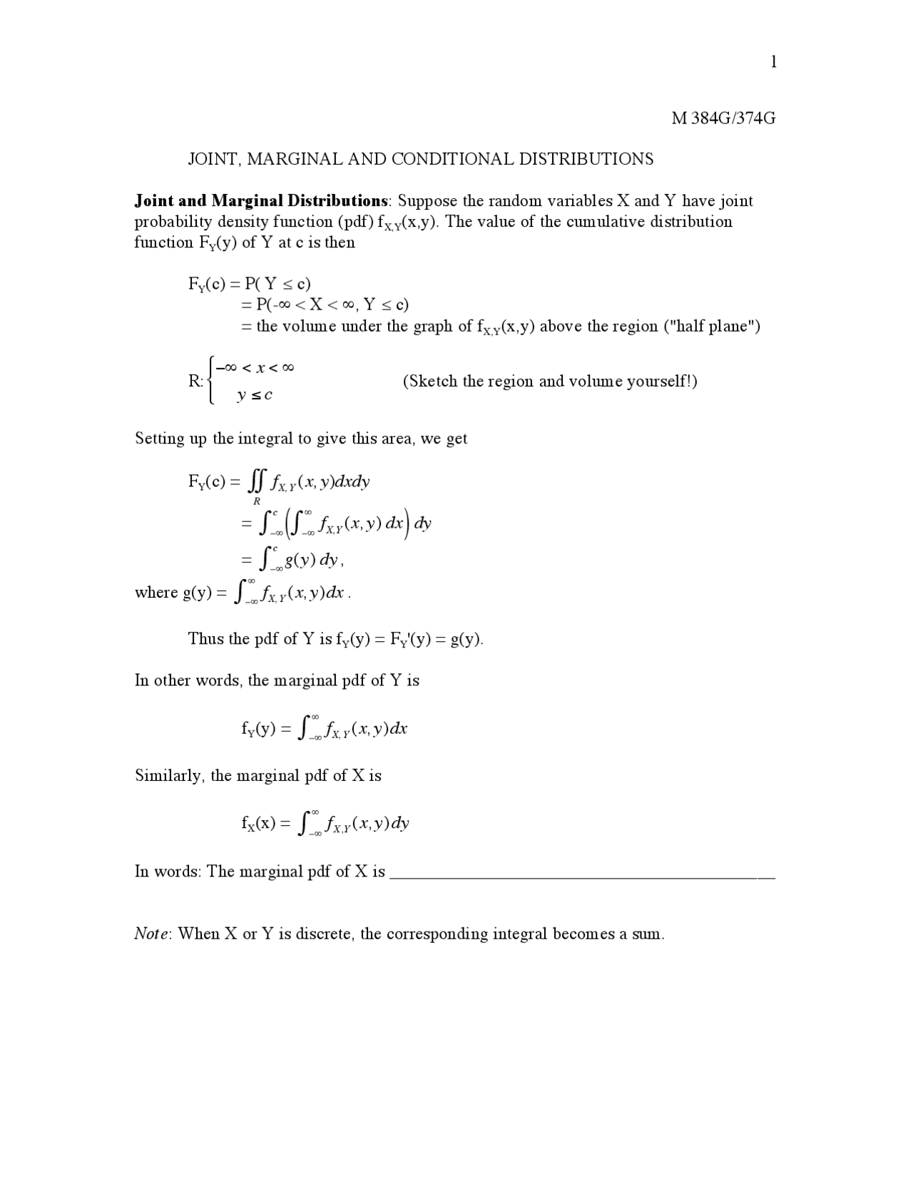 Joint, Marginal and Conditional Distributions - Notes | M 384G - Docsity