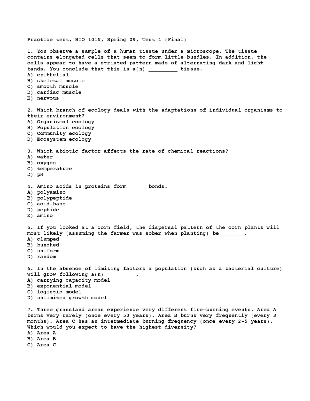15 Multiple Choice With Answers Exam For General Biology Bio 101n