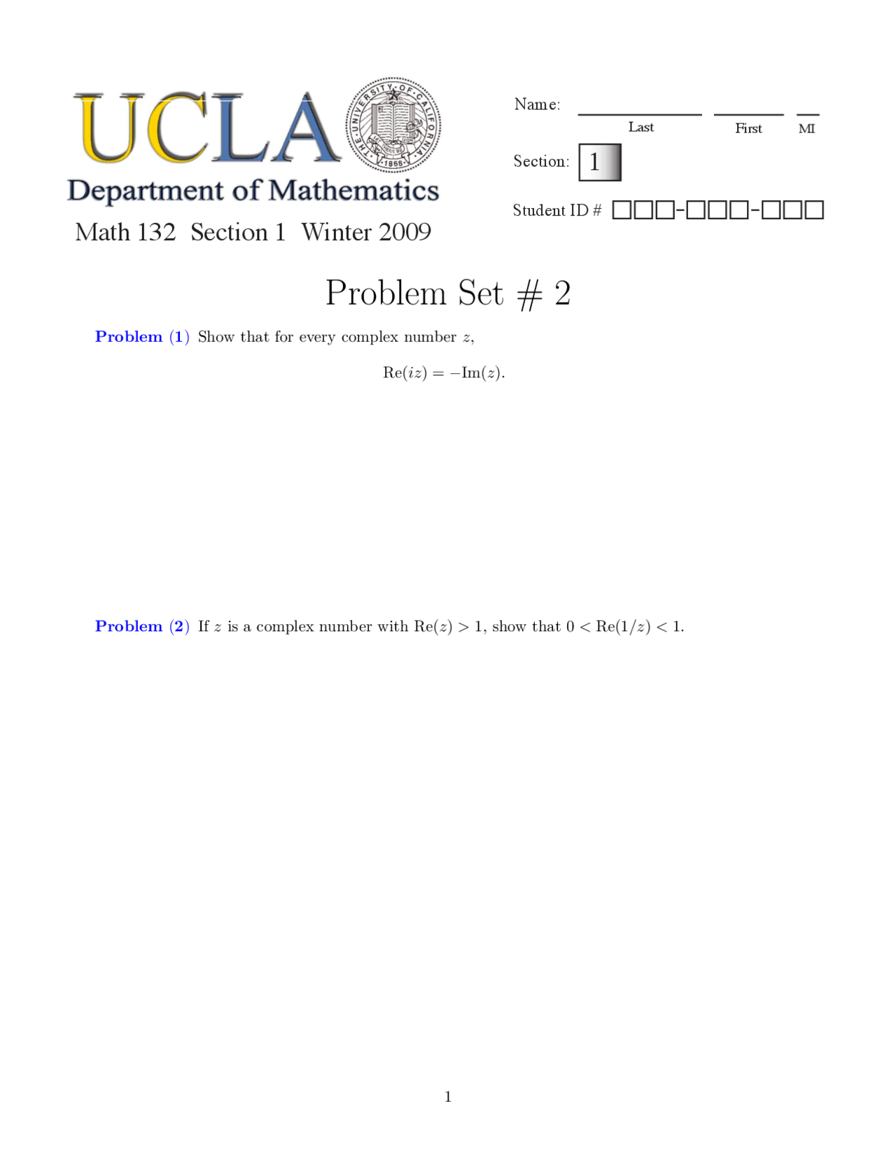 Complex Analysis For Applications Problem Set 2 Math 132 Docsity