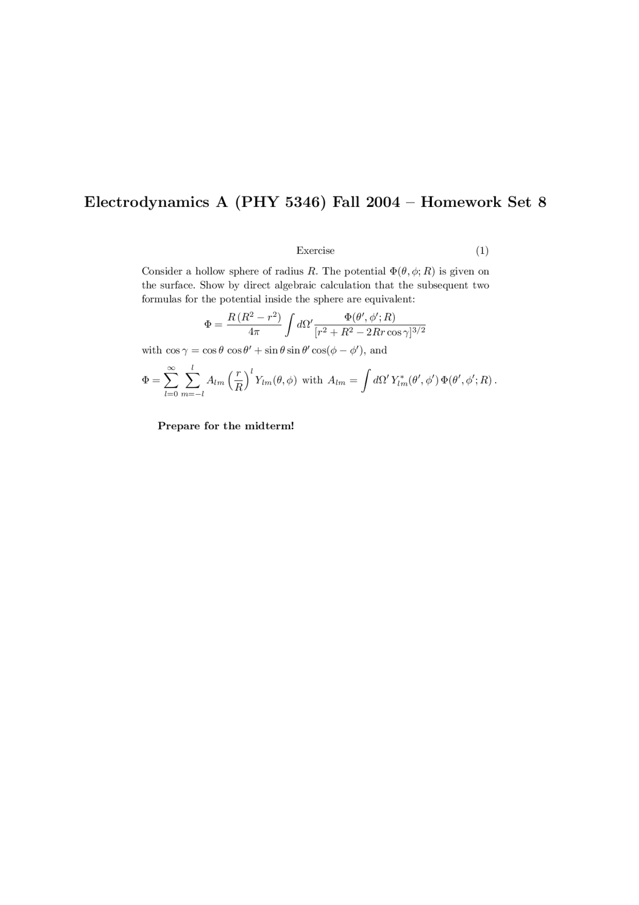 Homework Set 8 Practice Problems On Electrodynamics A Phy 5346 Docsity