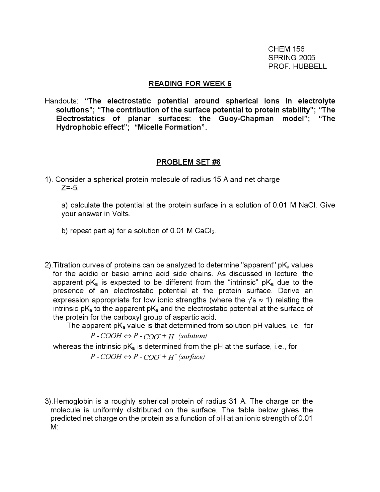 Problems Set 6 Questions Physical Biochemistry Chem 156 Docsity