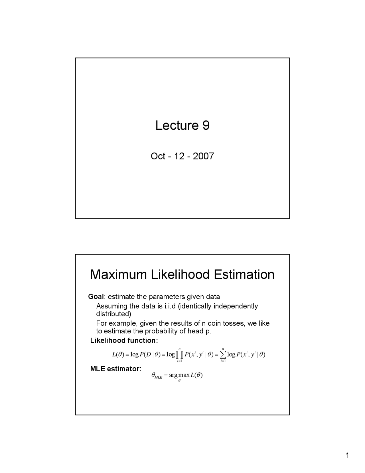 Lecture Slides on Maximum Likelihood Estimation | CS 434 - Docsity