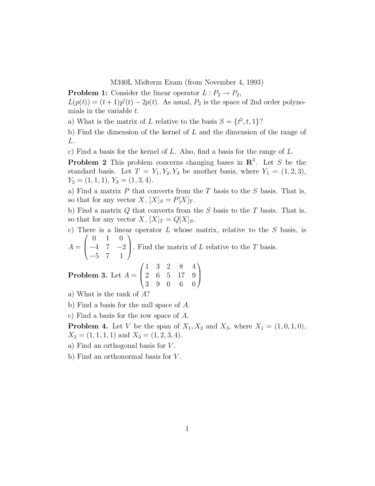 Matrices And Matrix Calculations Midterm Exam 1993 M 340l Docsity