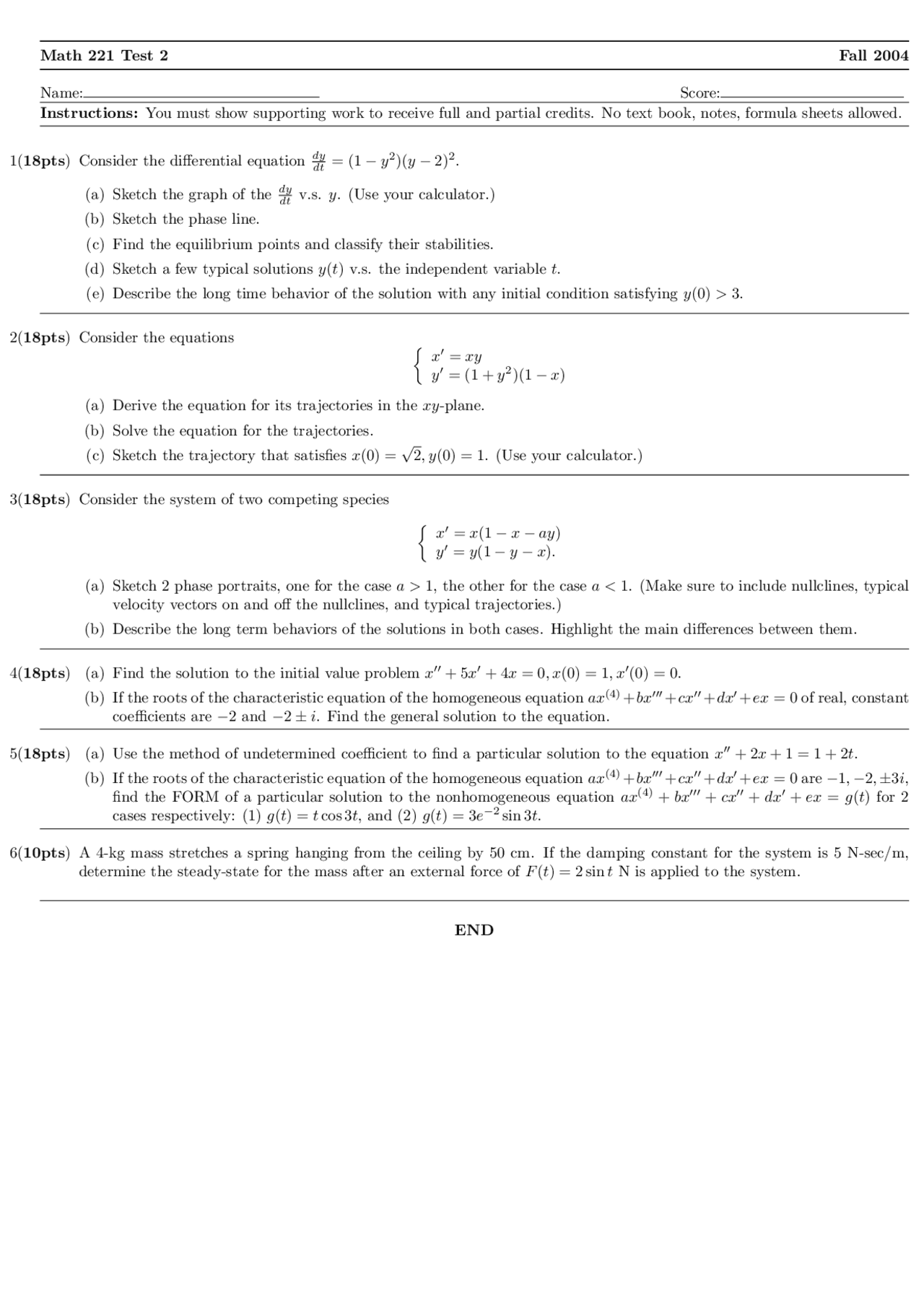 Exam 2 Differential Equations Fall 2004 Math 221 Docsity