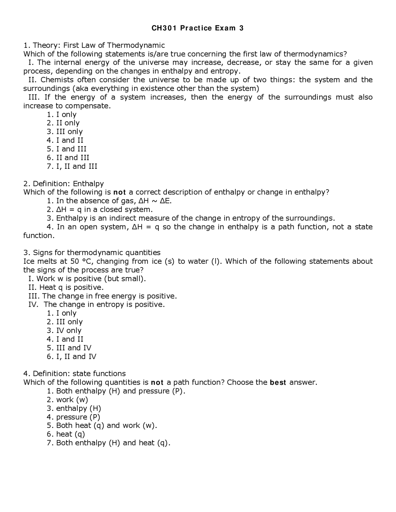Practice Exam 3: Thermodynamics | Exams Chemistry | Docsity
