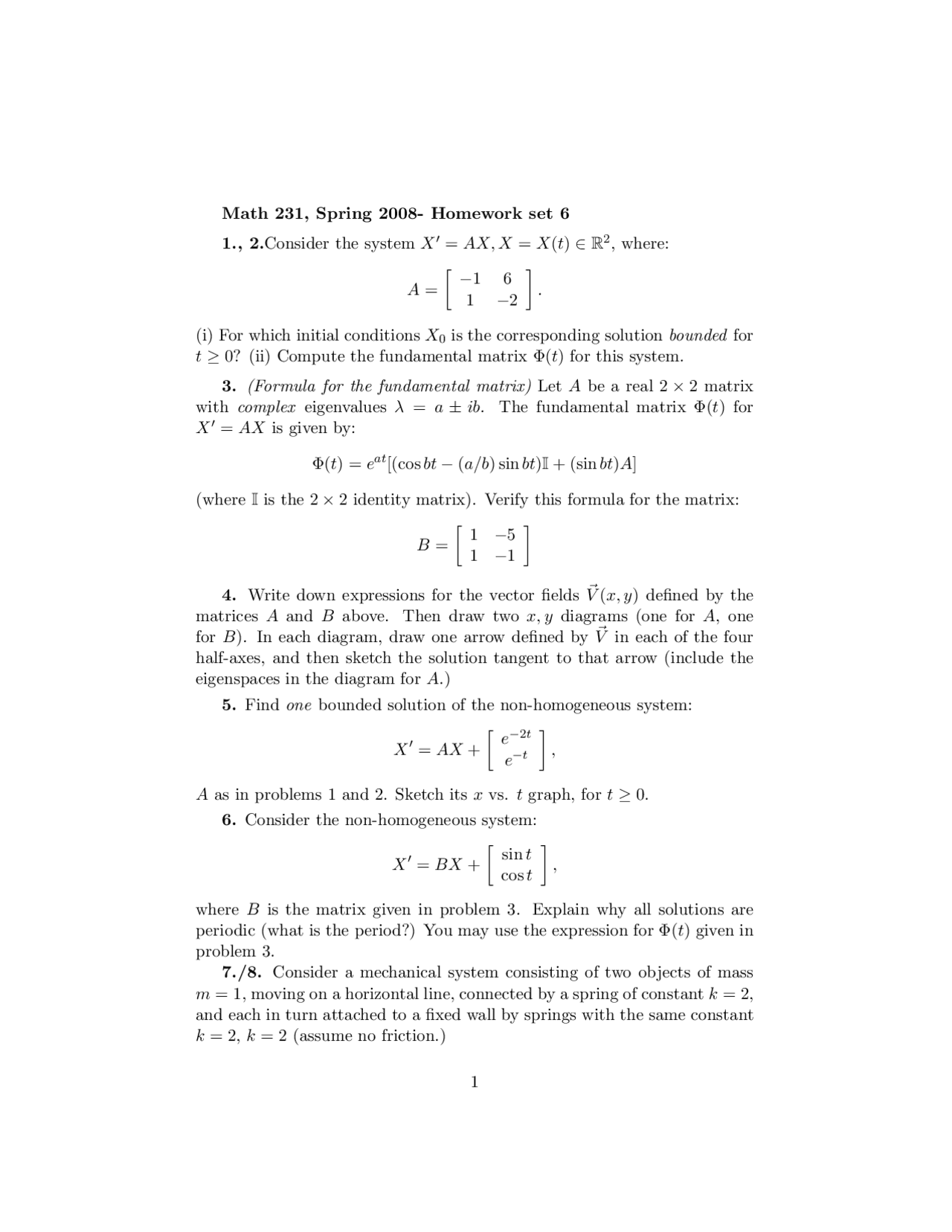 Differential Equations I - Homework Problem Set 6 | MATH 231 - Docsity
