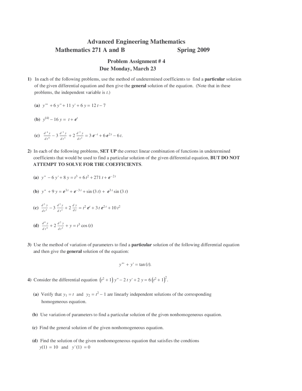 Problem Set 4 Advanced Engineering Mathematics Math 271 Docsity