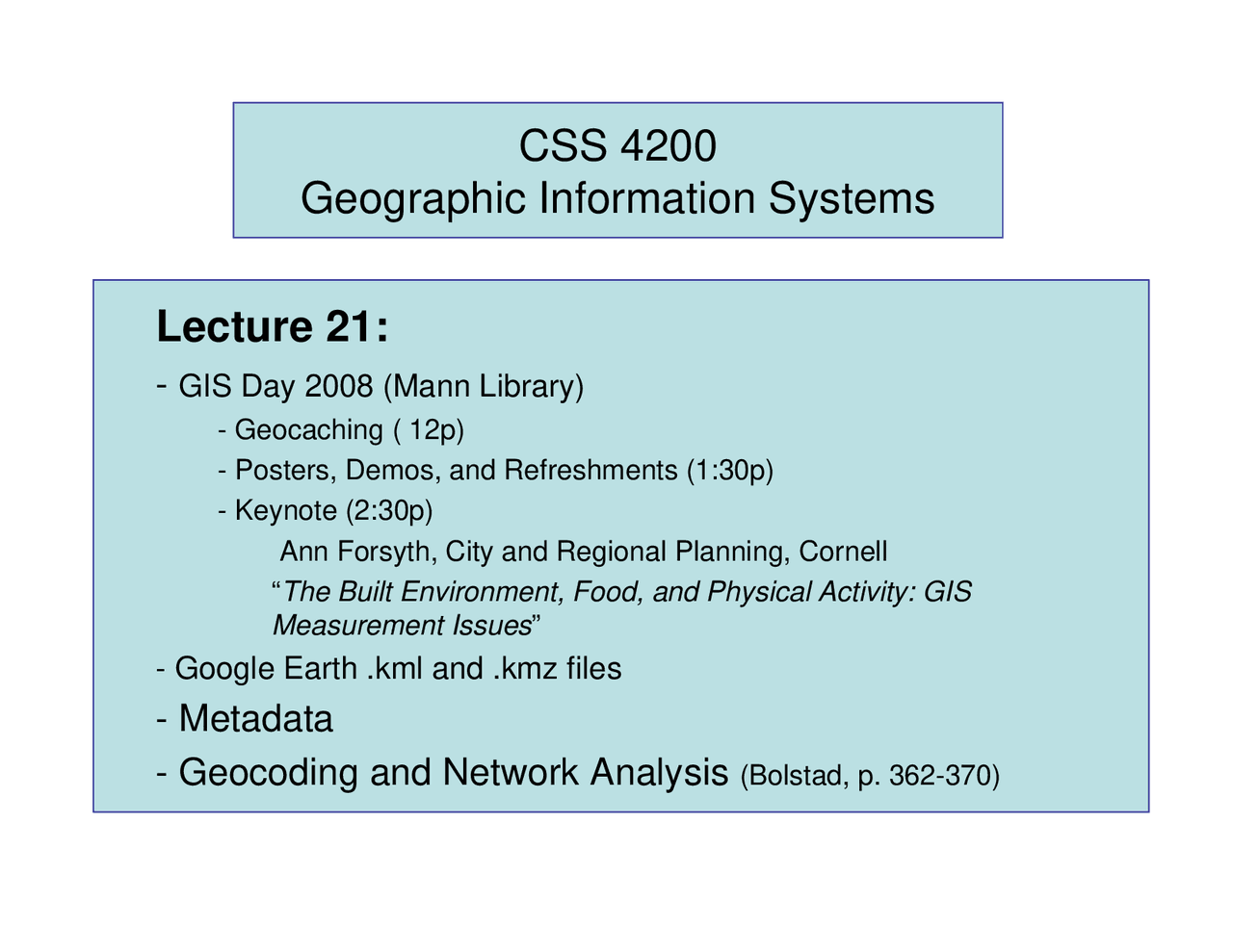 GIS Day 2008, Geocoding and Network Analysis | CSS 4200 - Docsity