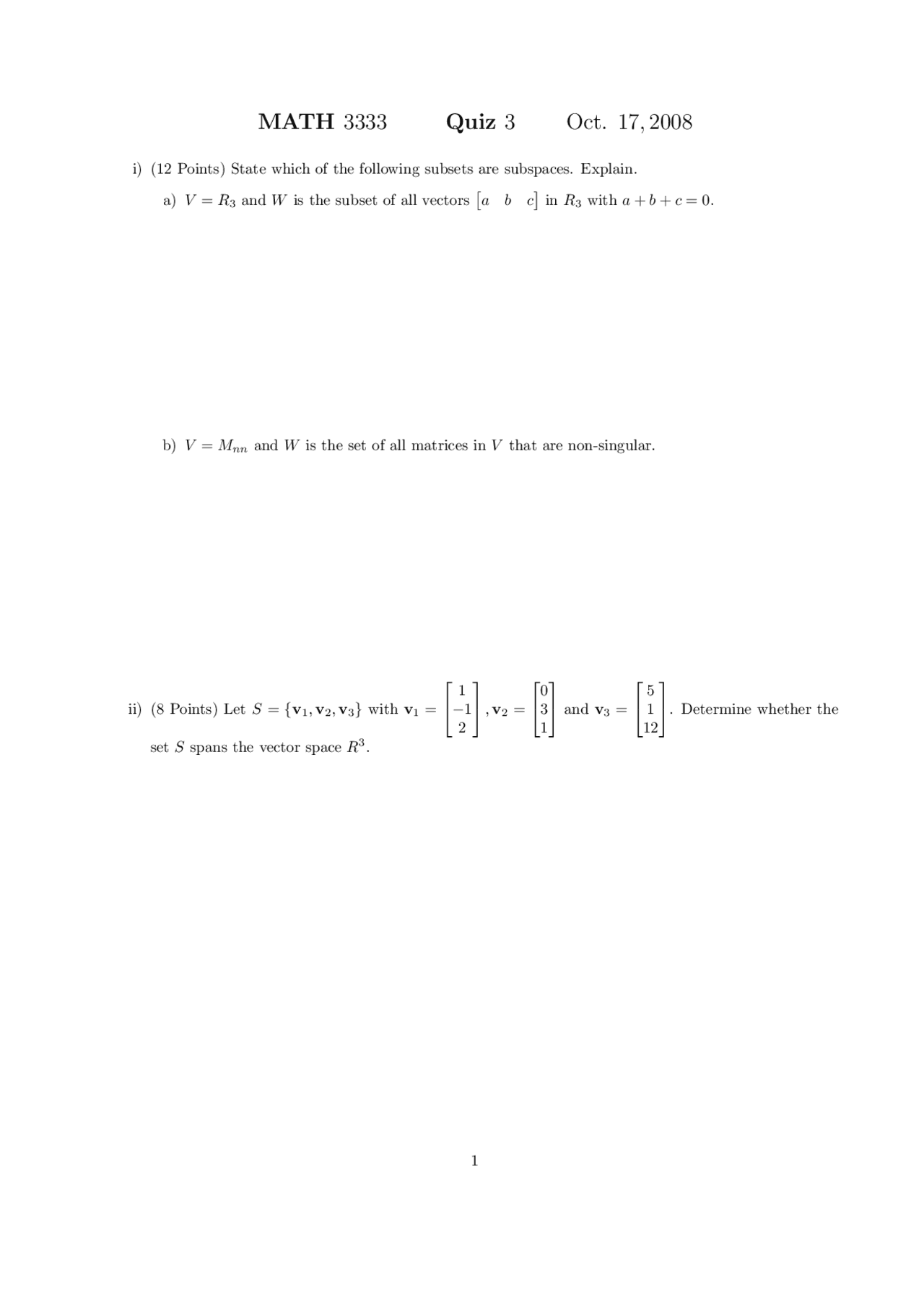 Practice Quiz 3 Linear Algebra I Math 3333 Docsity
