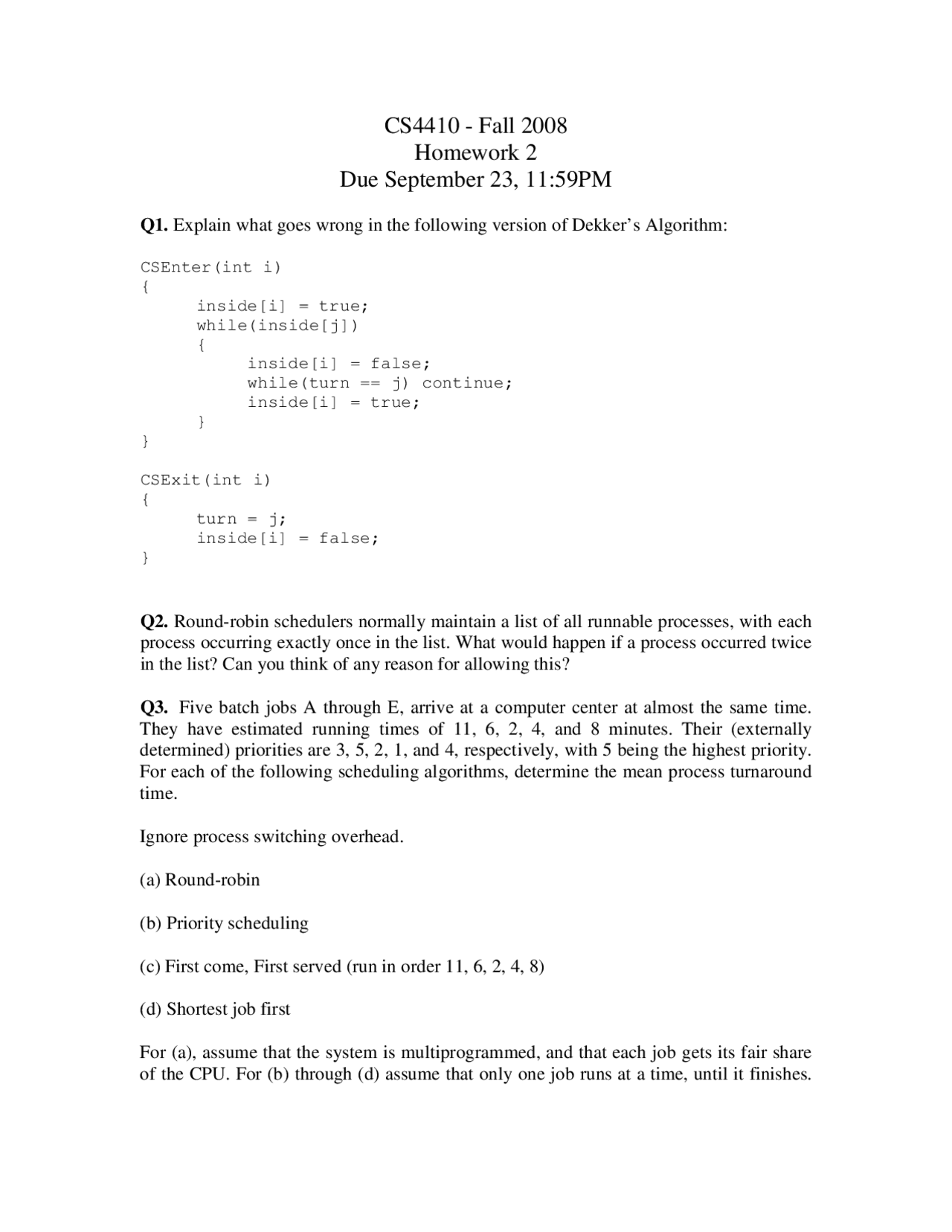 Homework 2 Questions With Answers Operating Systems Cs 4410 Docsity