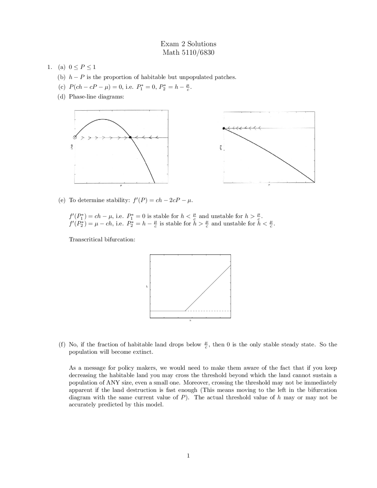 Practice Exam 2 Solutions Mathematical Biology I Math 5110 Docsity