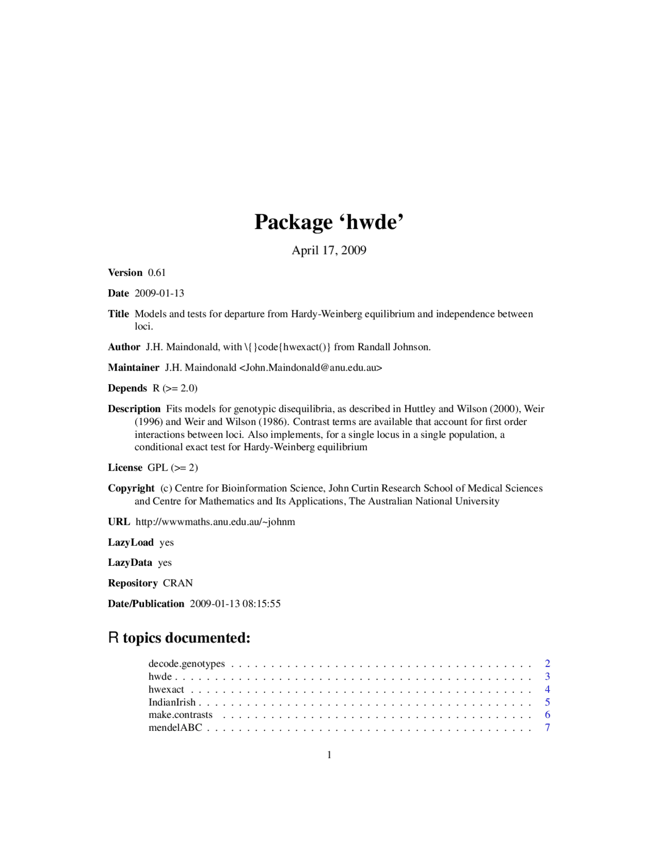 Models And Tests For Departure From Hardy Weinberg Equilibrium And
