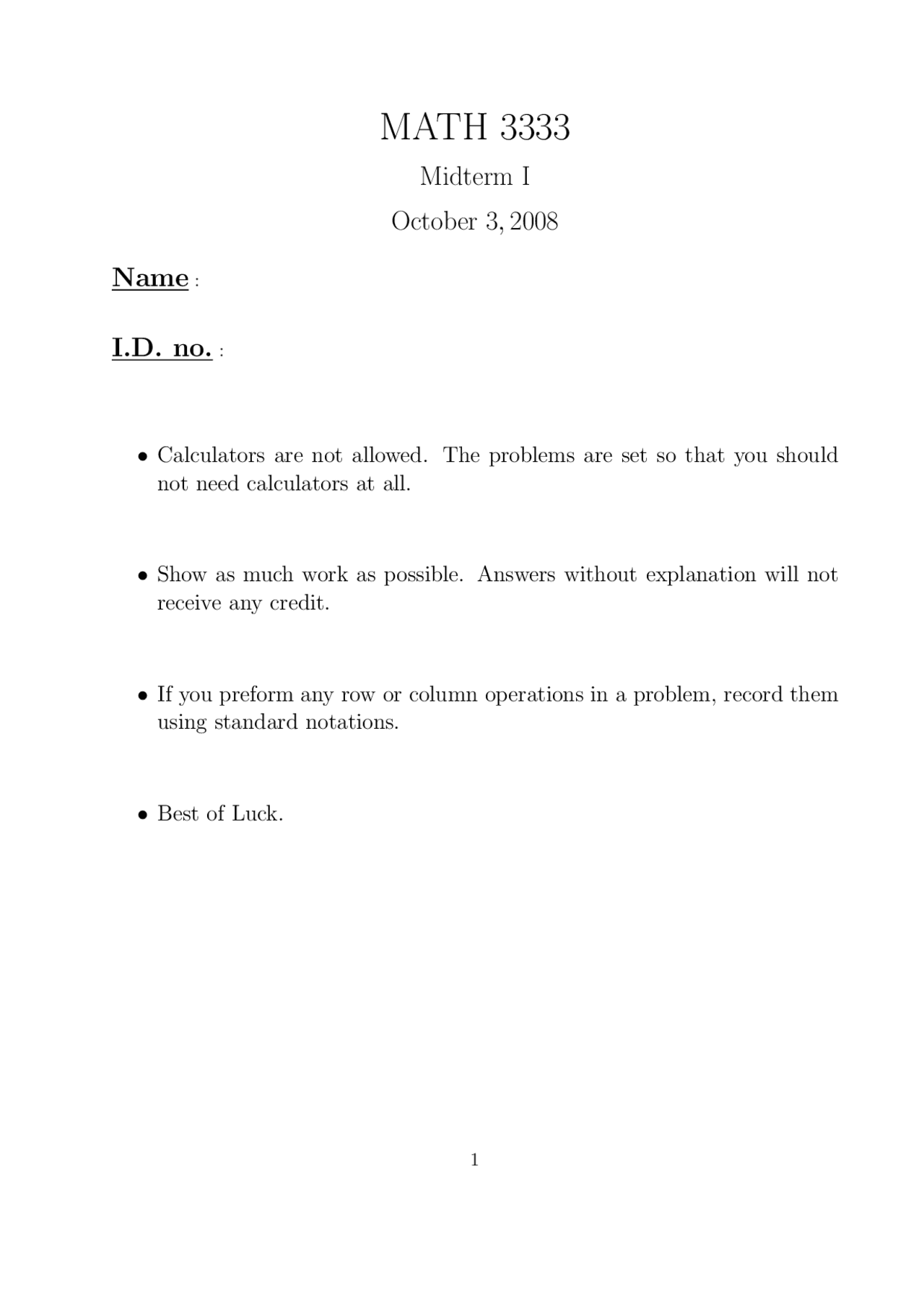 5 Problems Midterm Exam 1 - Linear Algebra I | MATH 3333 - Docsity