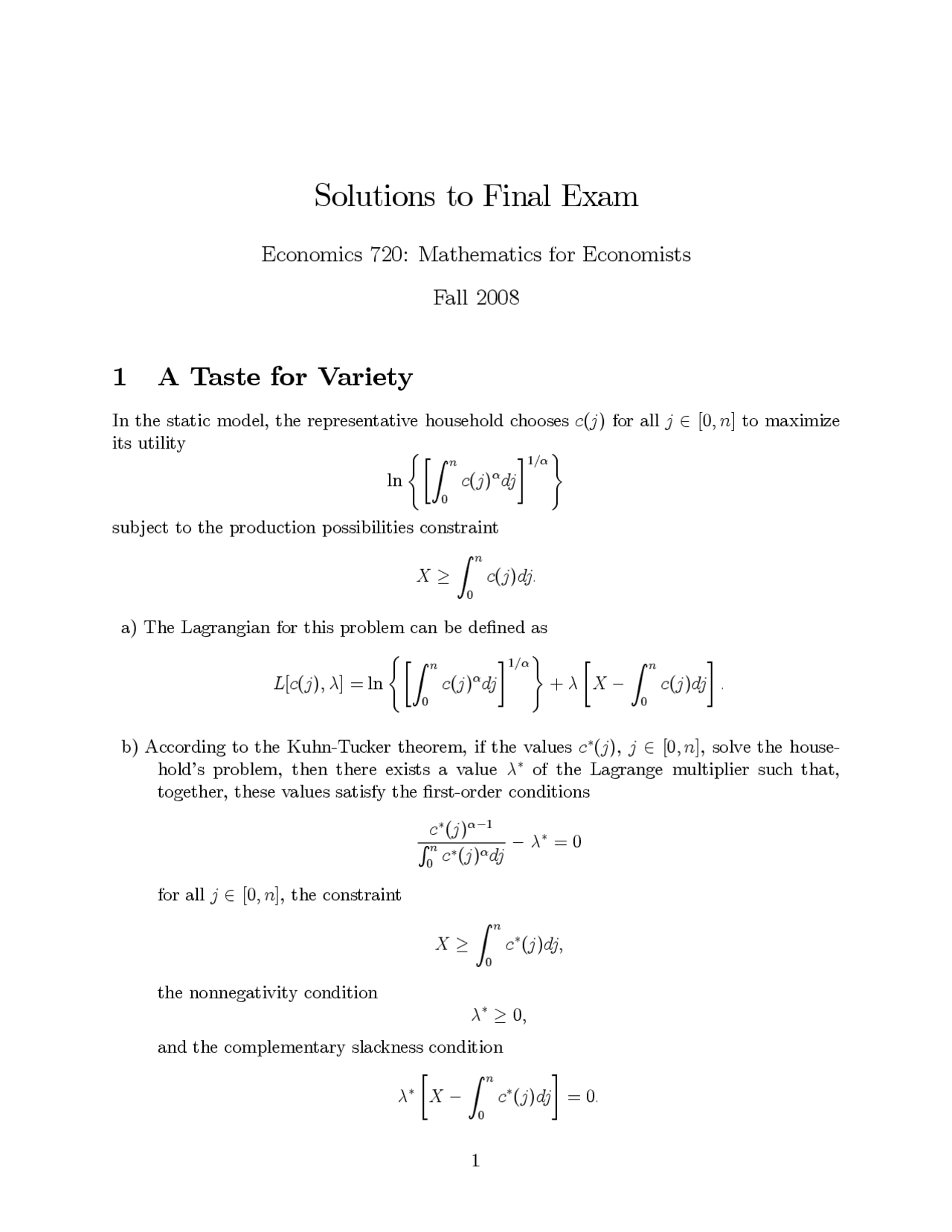 Solutions To Final Exam For Mathematics For Economists Ec 720 Docsity