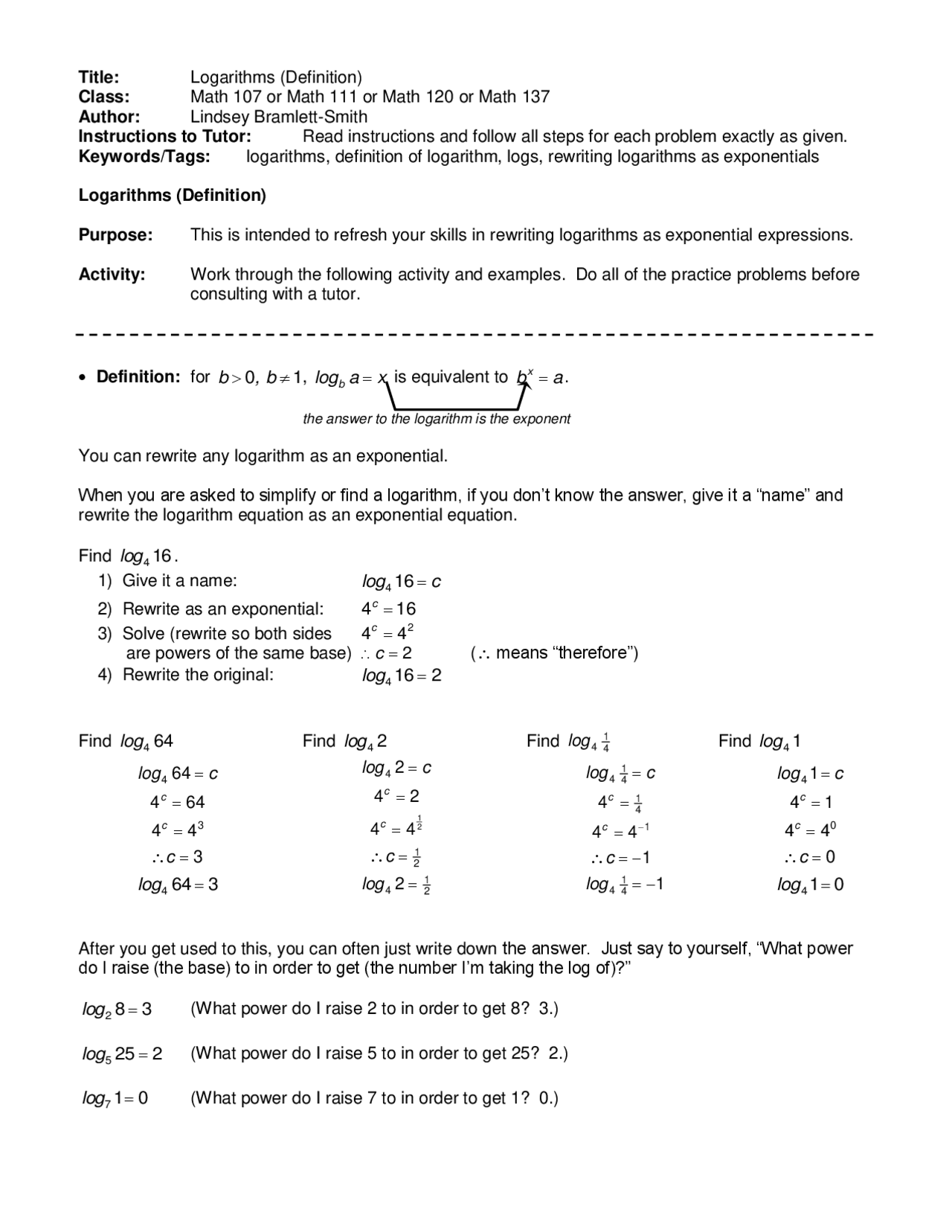 Logarithms Introduction To Linear Algebra Review Sheet Mcdb 111