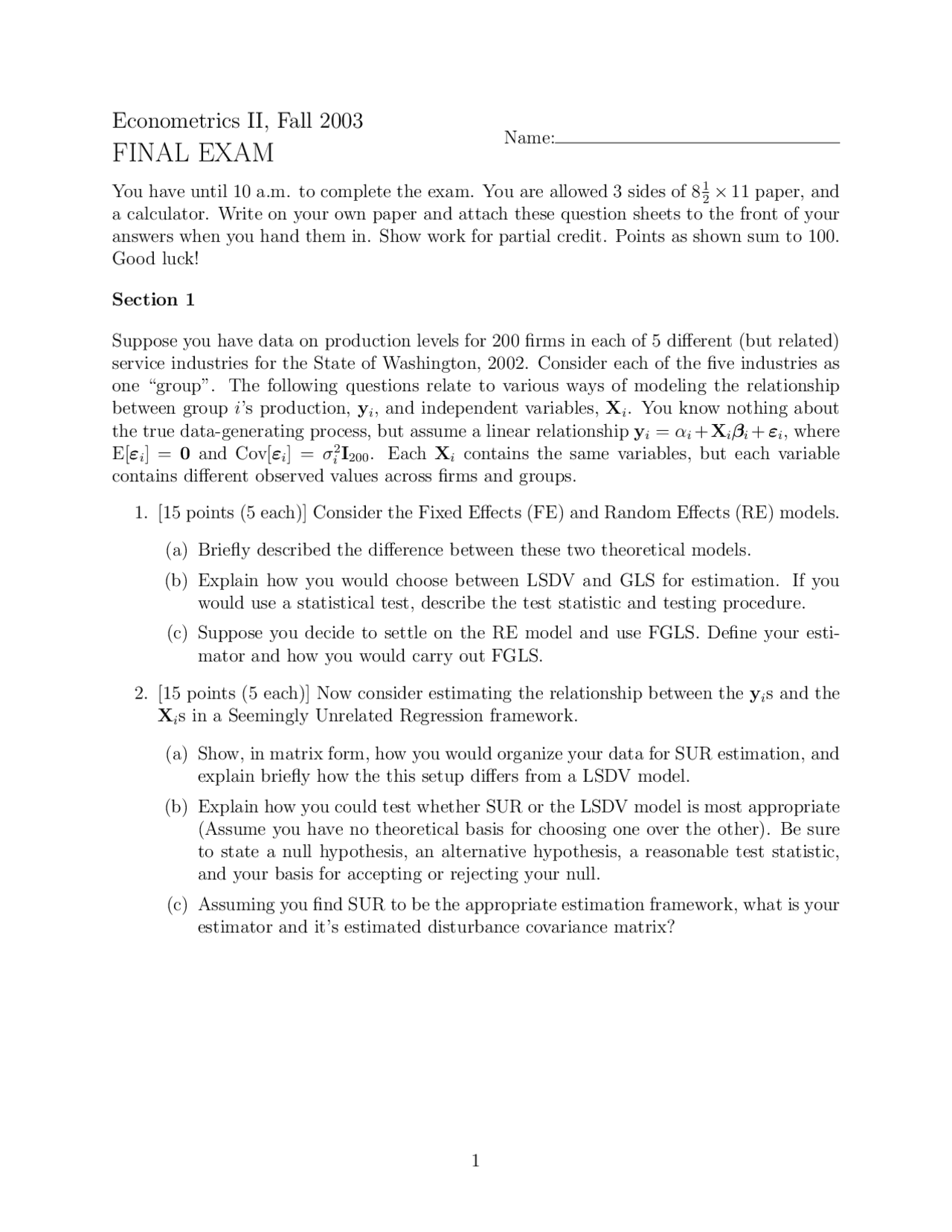 Sample Final Exam Econometrics Ii Econs 512 Docsity