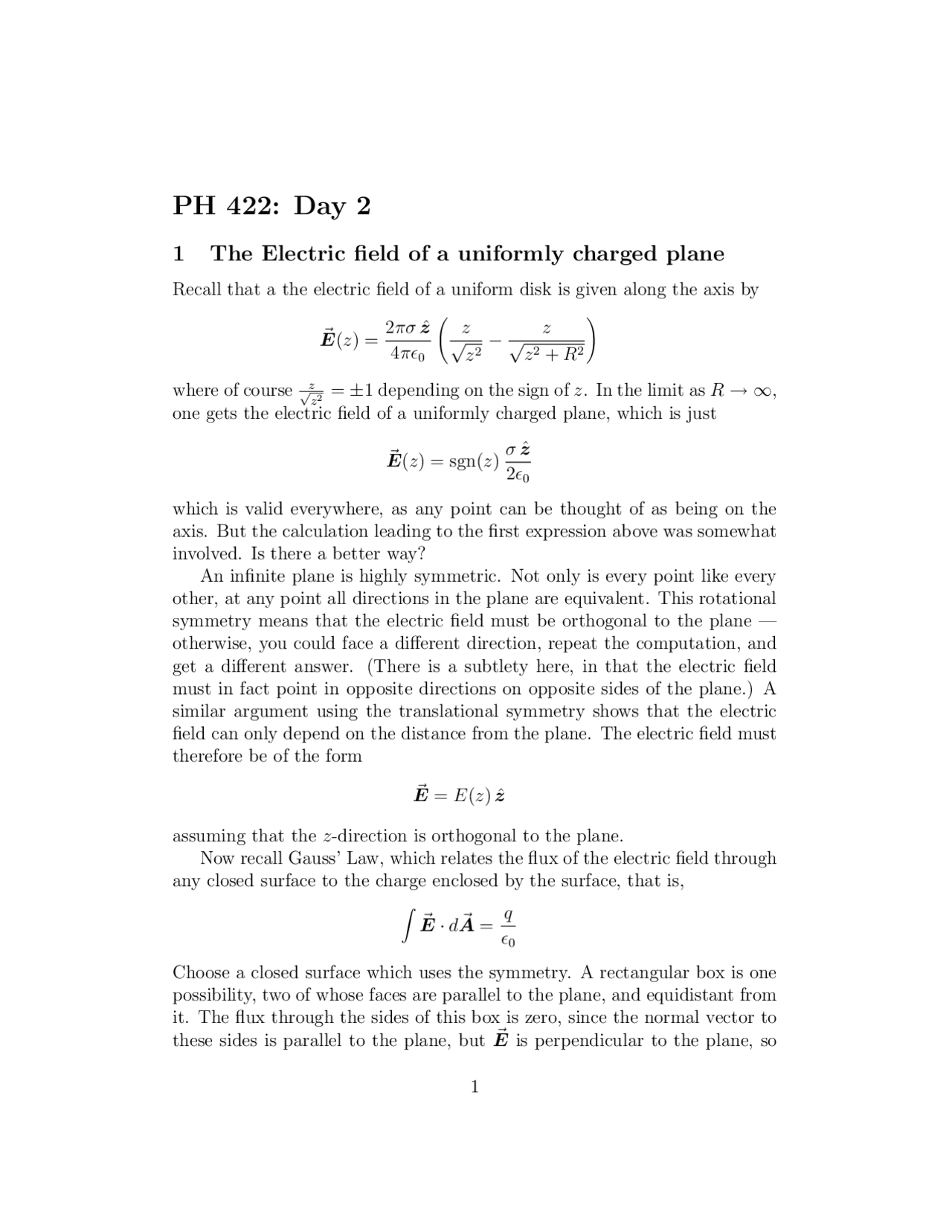 The Electric Field Of A Uniformly Charged Plane Lecture Notes Ph