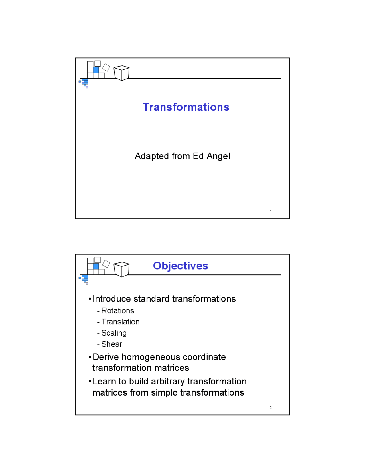 Lecture Slides On Transformations Introduction To Computer Graphics Cs 450 Docsity
