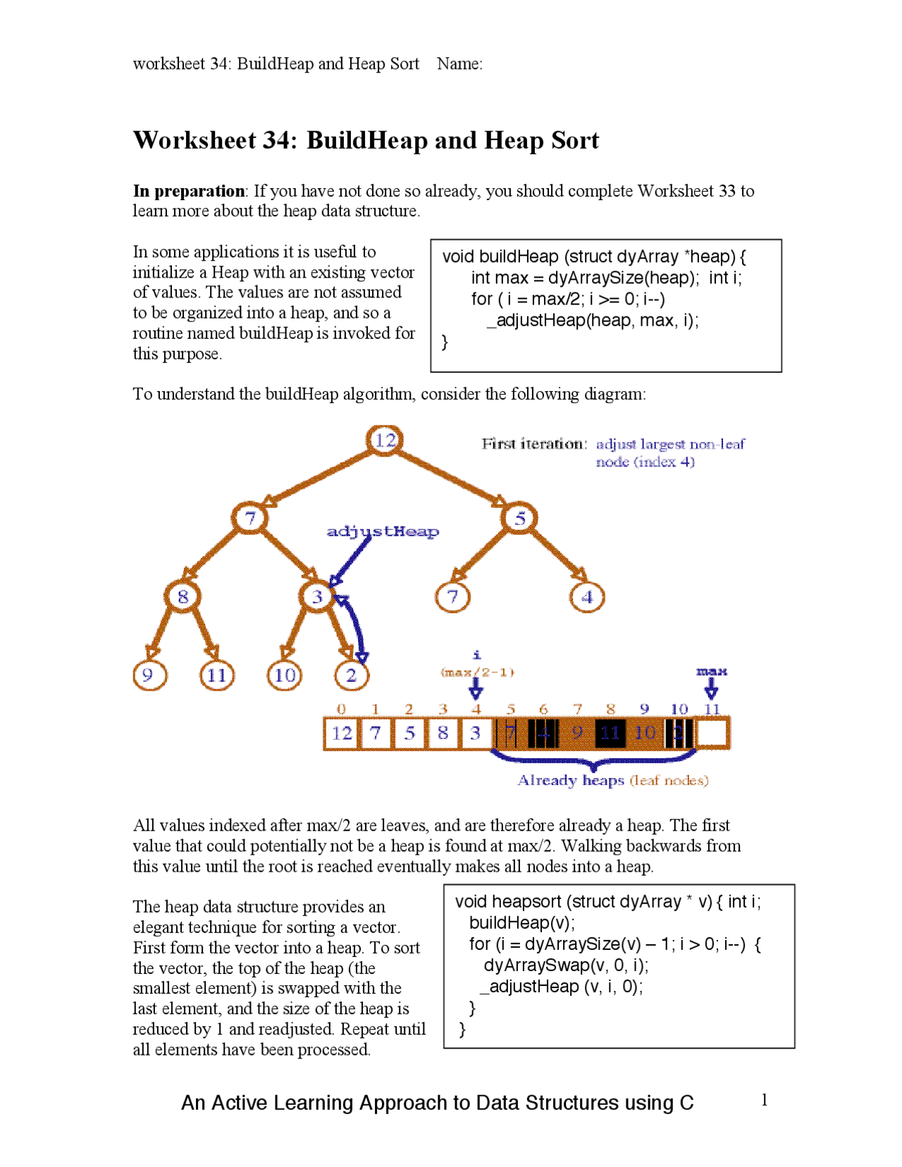 Worksheet 34 Buildheap And Heap Sort Data Structures Cs 261 Docsity
