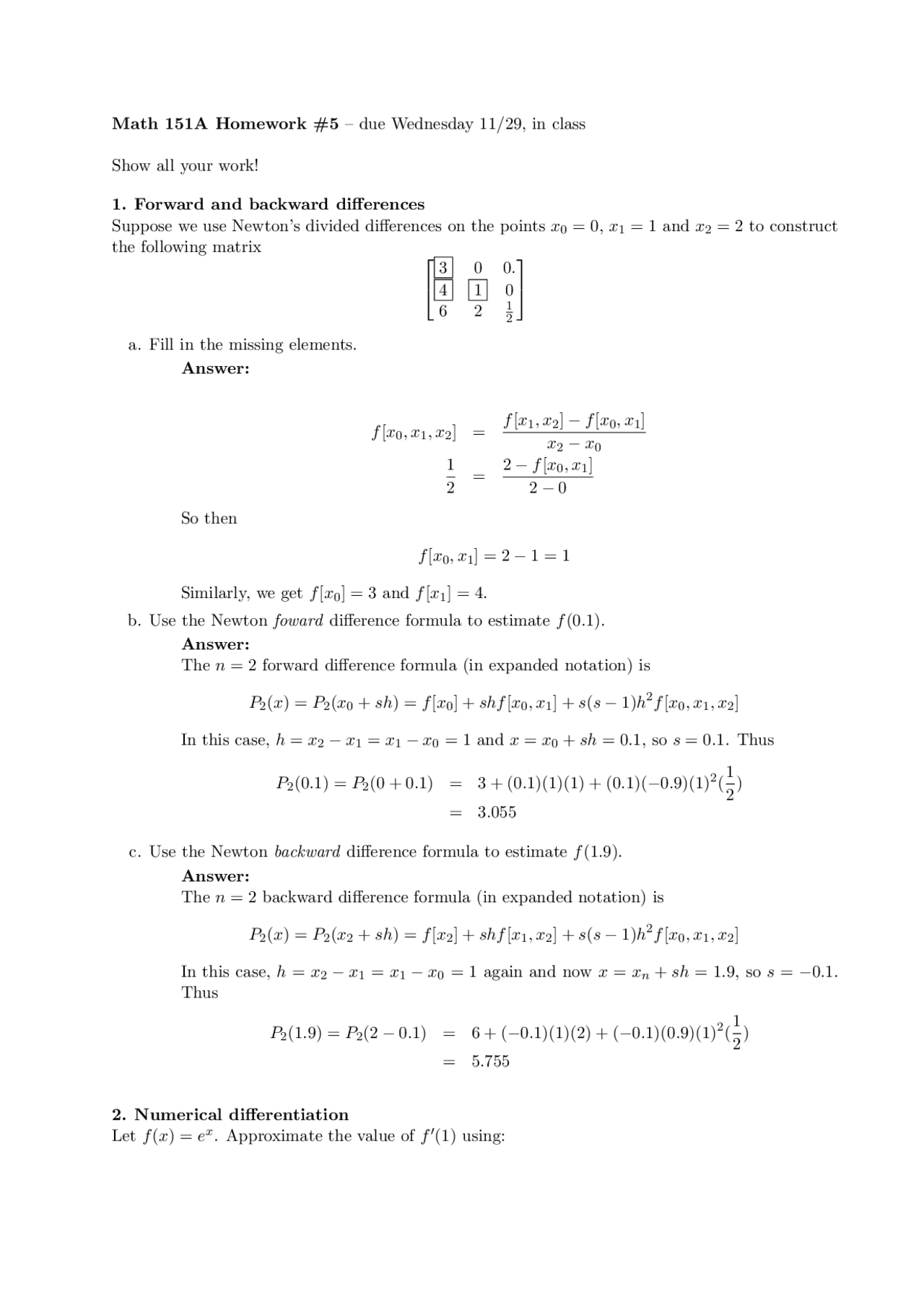 Homework 5 With Answers Applied Numerical Methods Math 151a Docsity