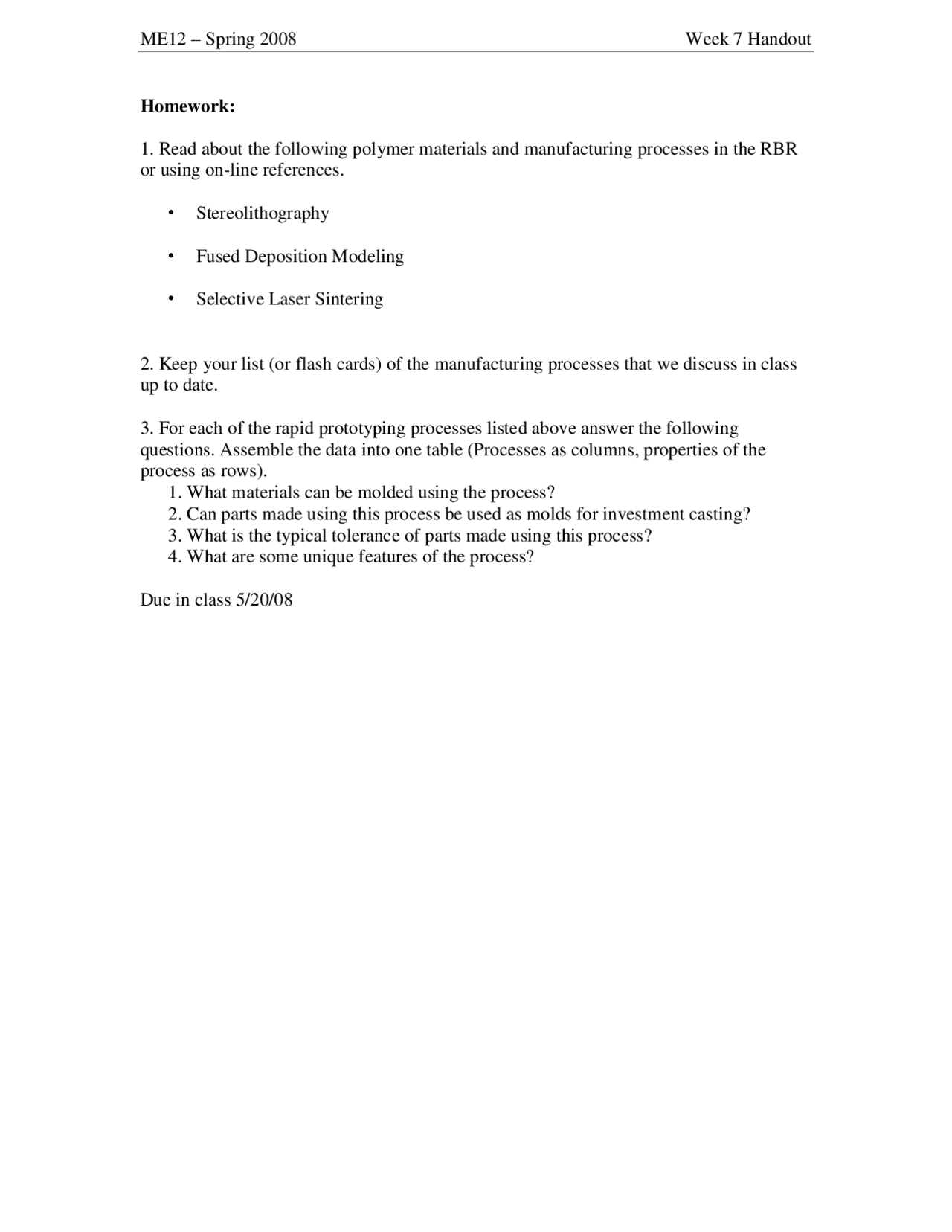 Homework Manufacturing Processes Spring 2008 Me 12 Docsity