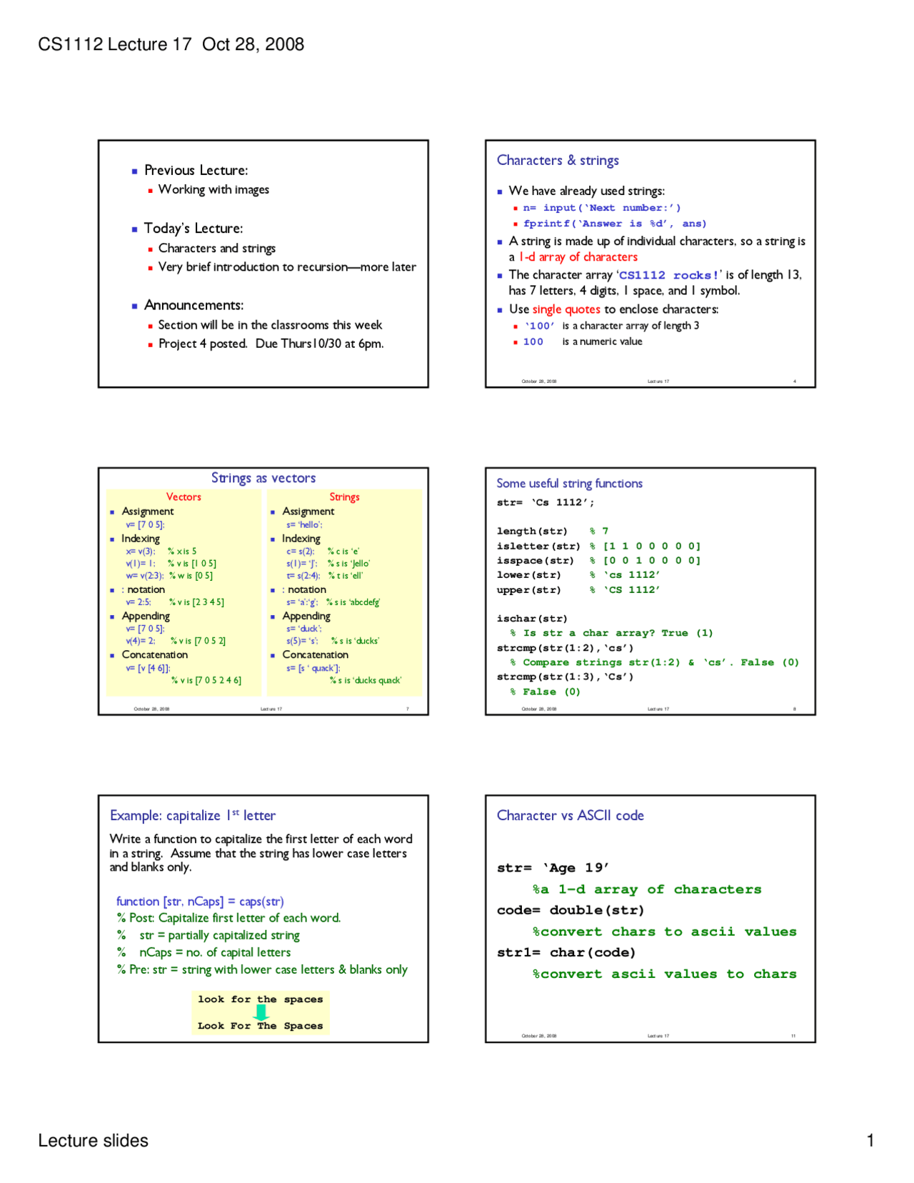 Notes On Characters And Strings Introduction To Computing Using Matlab Cs 1112 Docsity