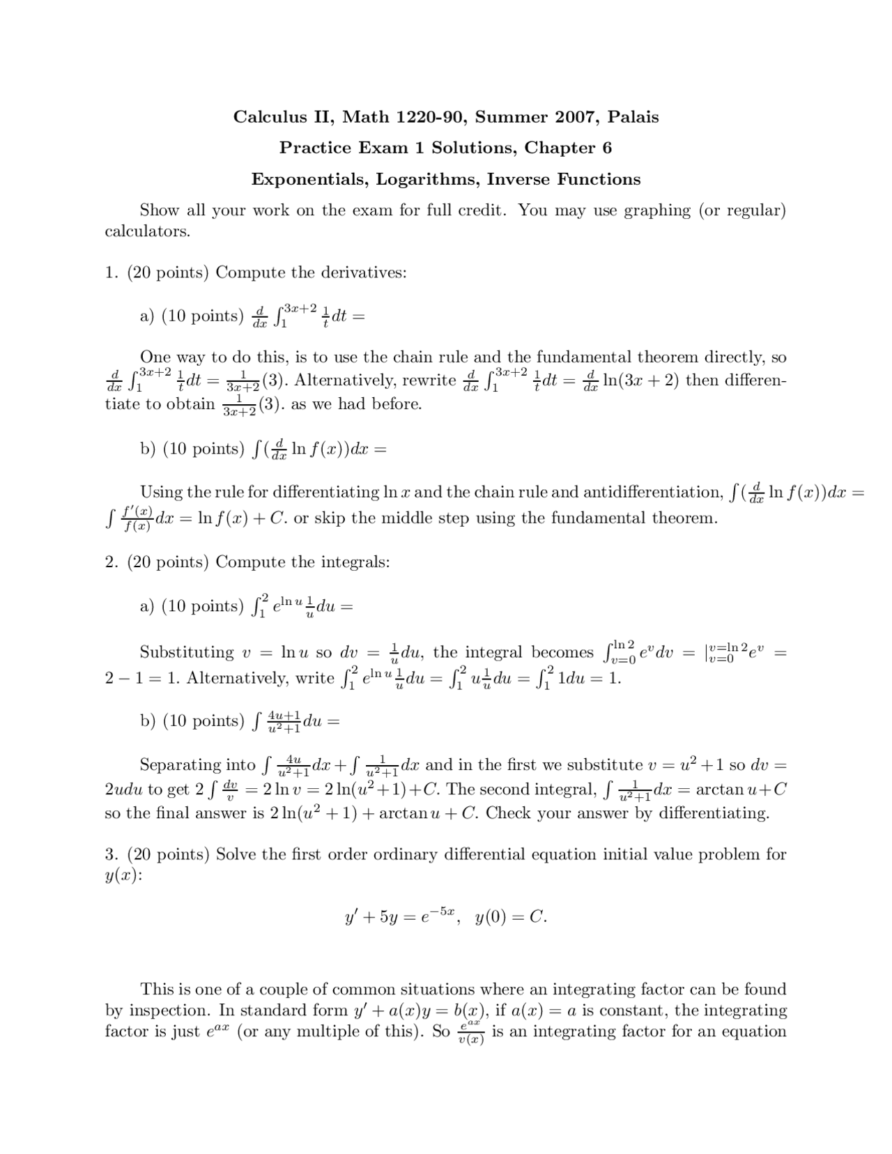 4 Problems On Derivatives And Integrals Exam 1 Math 1220 Docsity