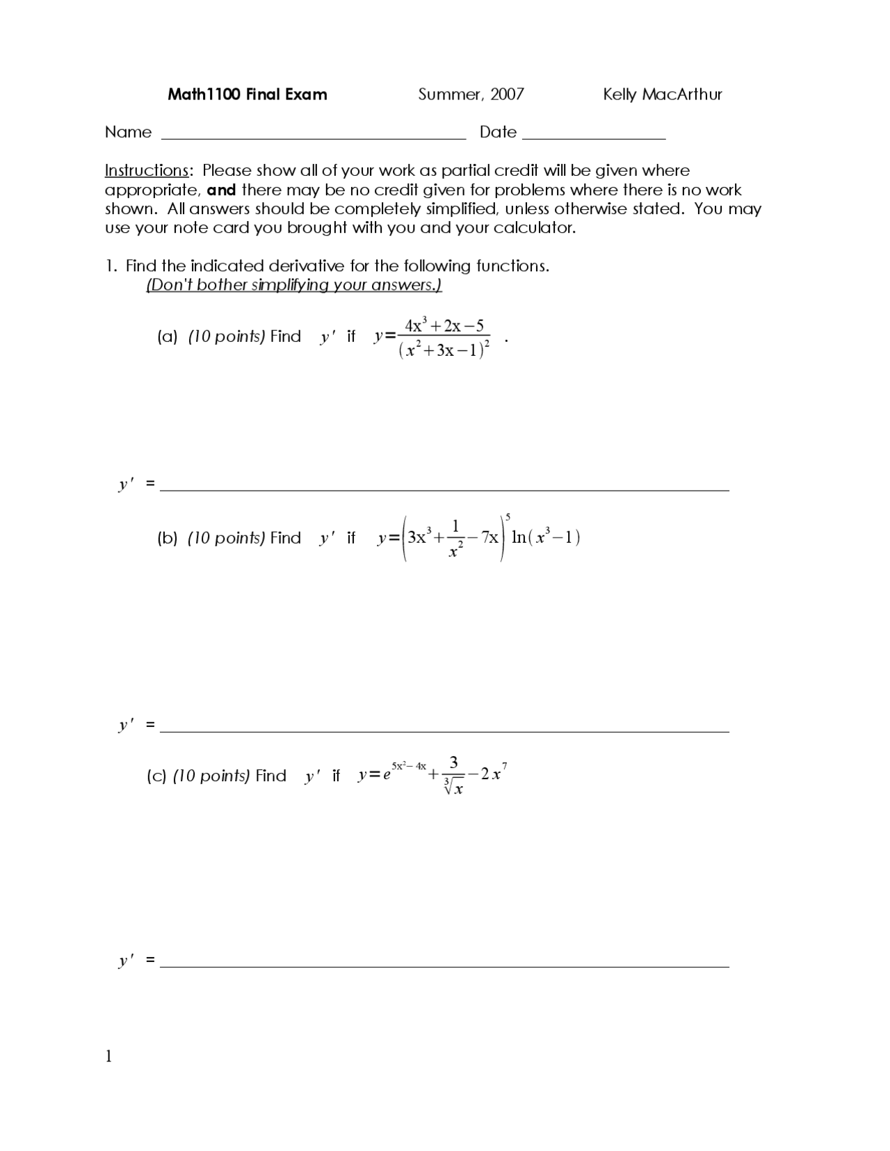 Questions For Final Exam Quantitative Analysis Summer 2007 Math