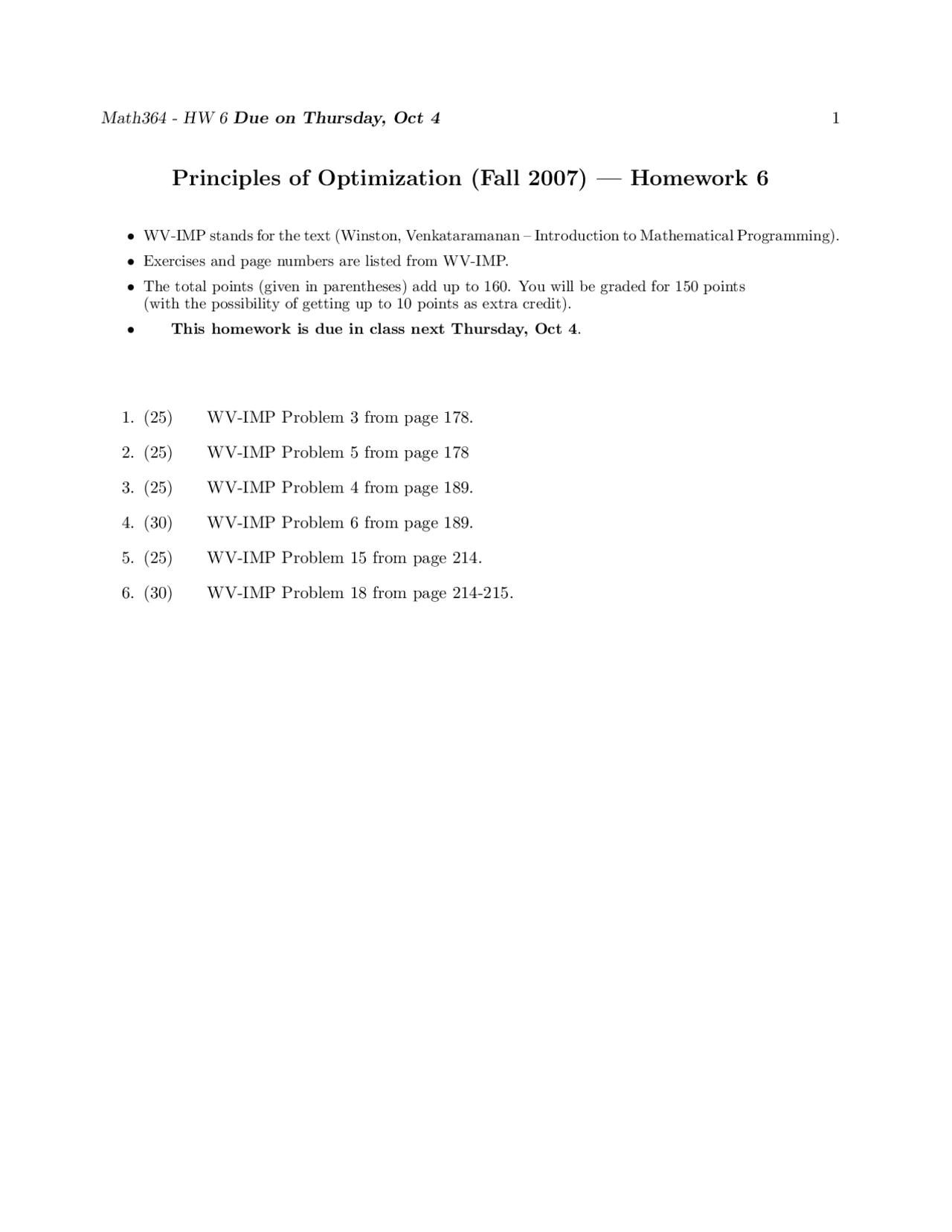 Principles Of Optimization Problem Set 6 Math 364 Docsity