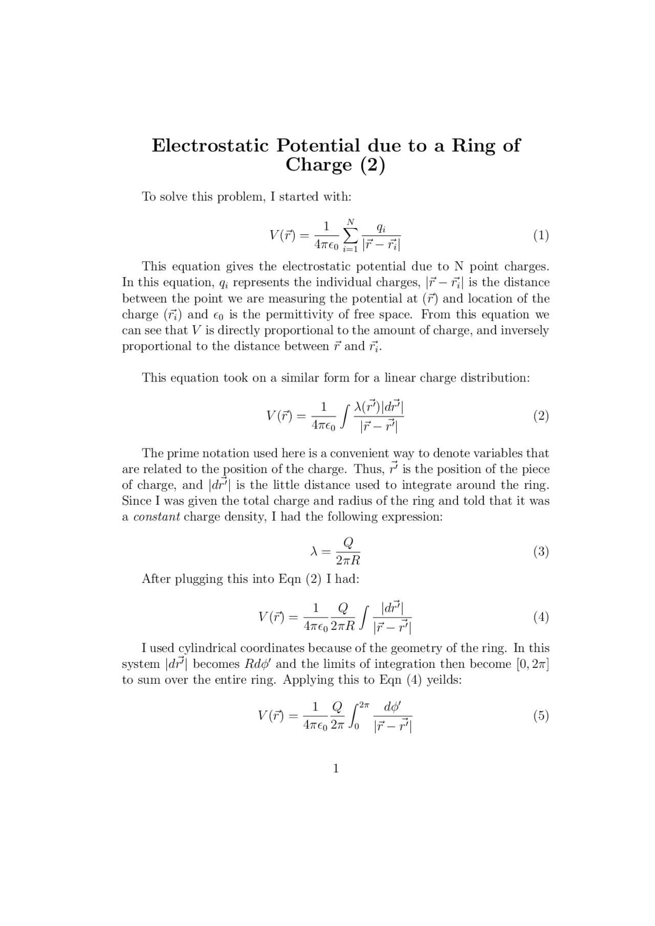 Electrostatic Potential due to a Ring of Charge - Solved Problems | PH ...