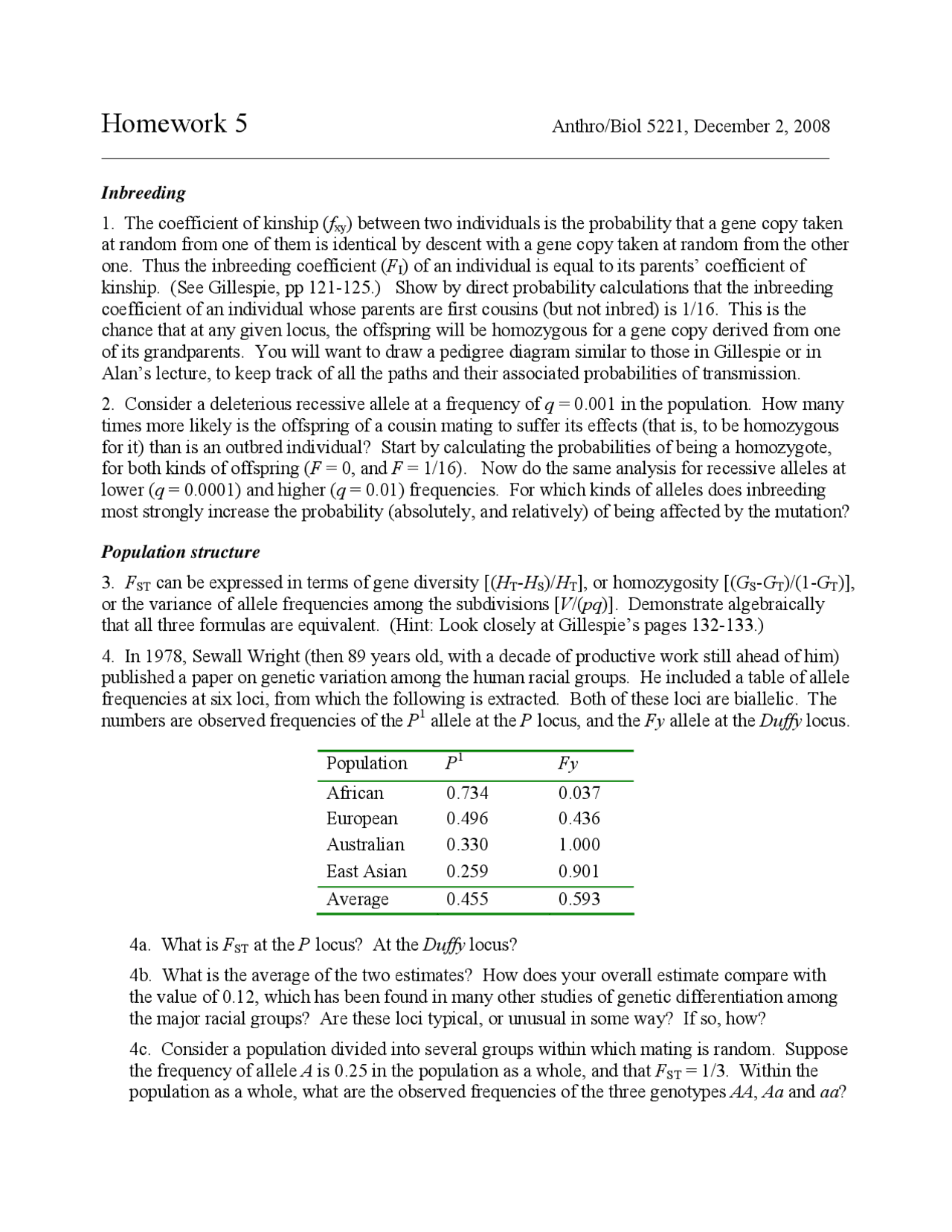 8 Problems On Human Evolution Genetics Assignment 5 Biol 5221 Docsity