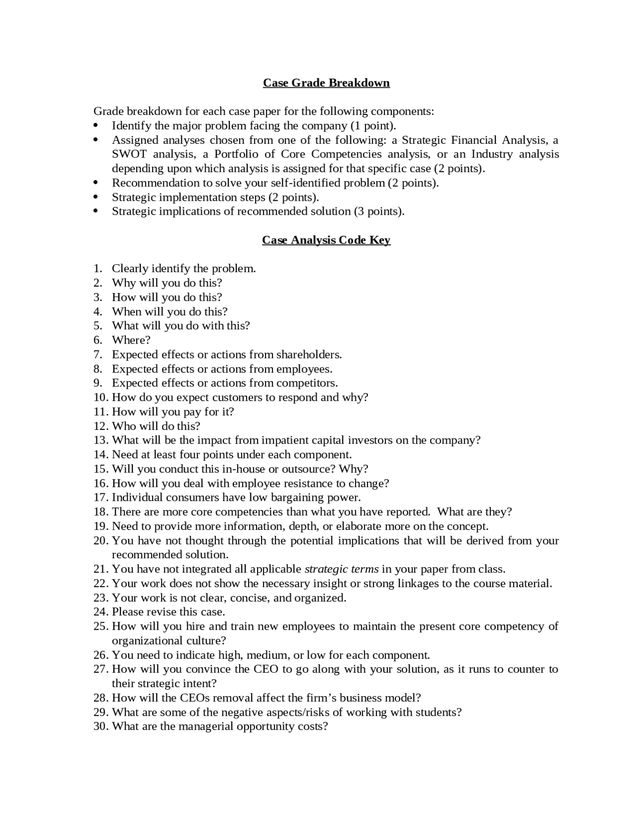 Case Grade Breakdown and Case Analysis Code Key | BA 469 - Docsity
