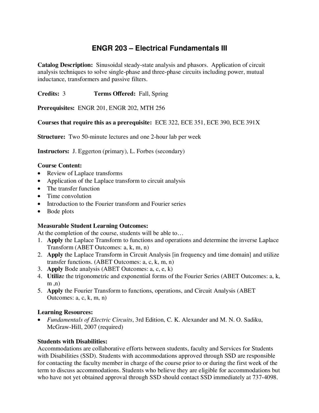 Course Syllabus For Electrical Fundamentals Iii Engr 203 Docsity