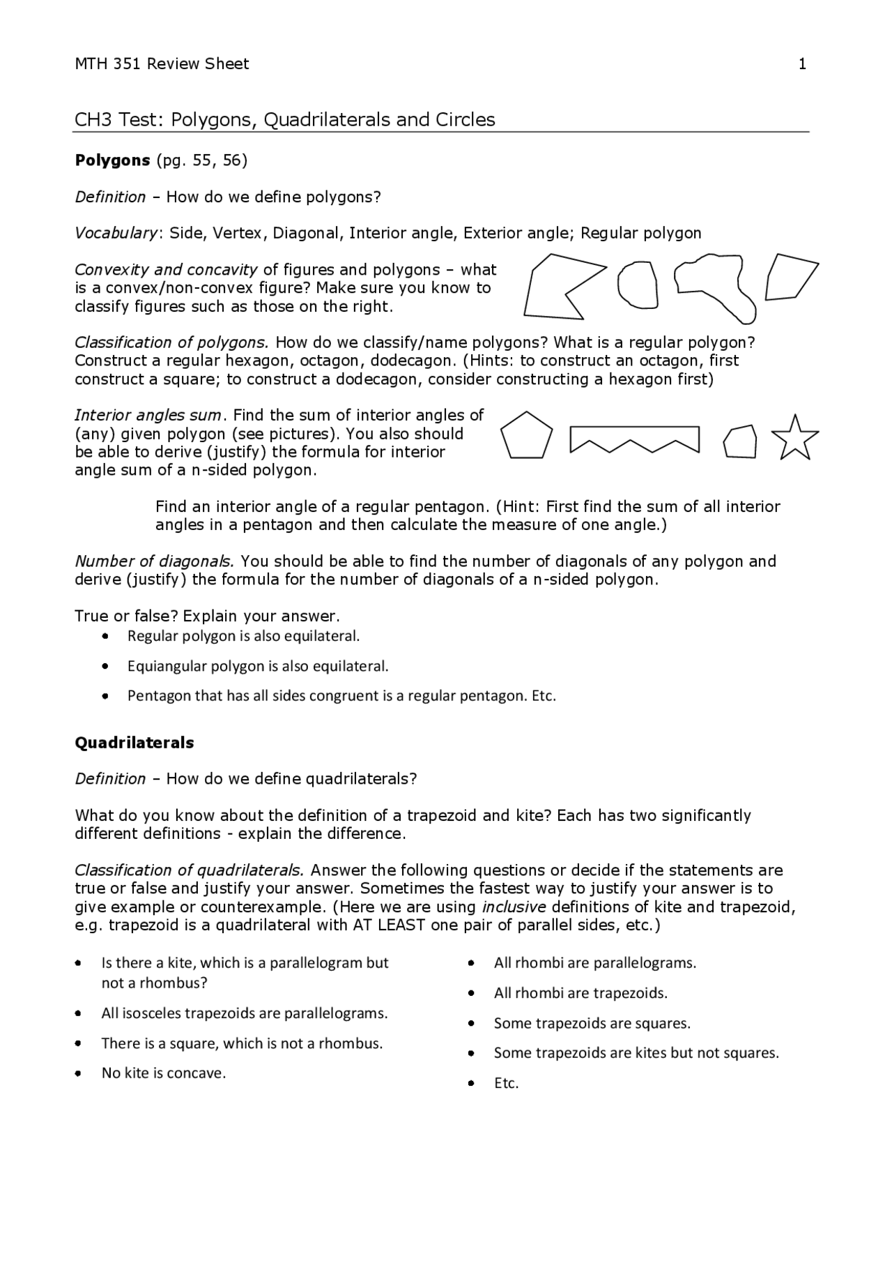 Exam Review Sheet for Polygons, Quadrilaterals and Circles | MTH 351 ...