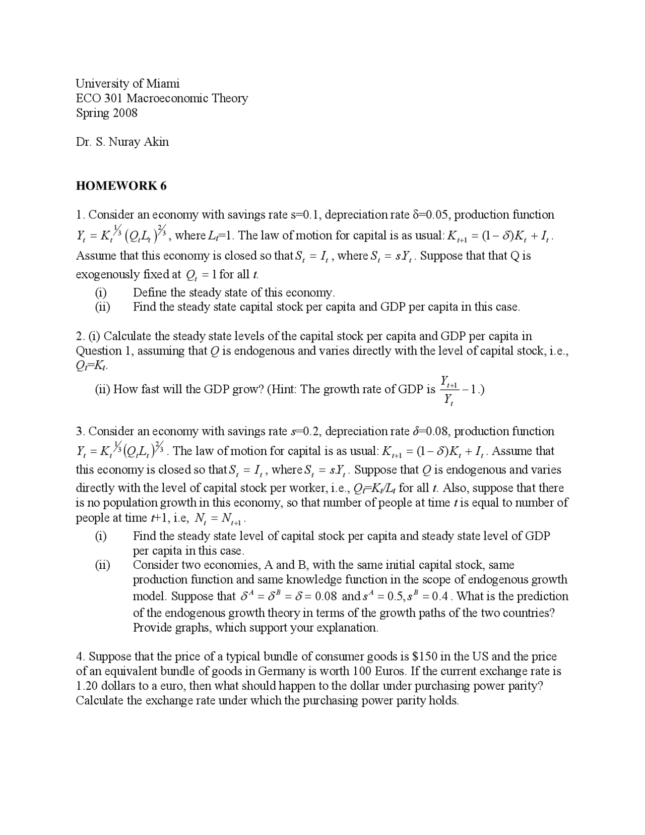 Macroeconomics Theory Homework 6 Eco 301 Docsity