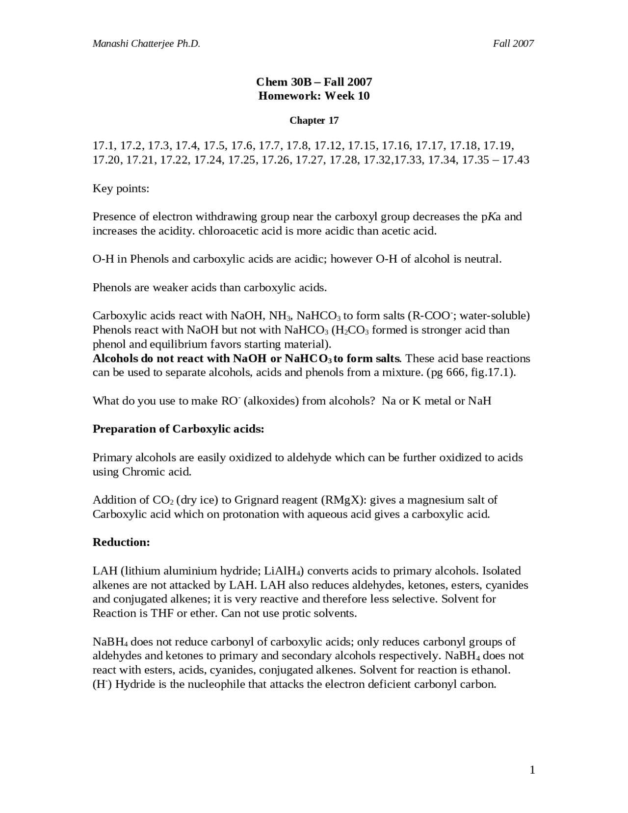 Homework Notes For Organic Chemistry Ii Chem 30b Docsity