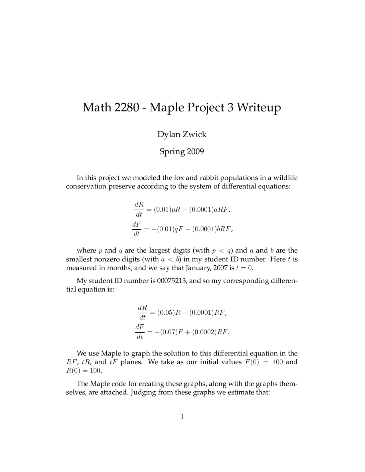 Writeup Maple Project 3 Ordinary Differential Equations Math 2280