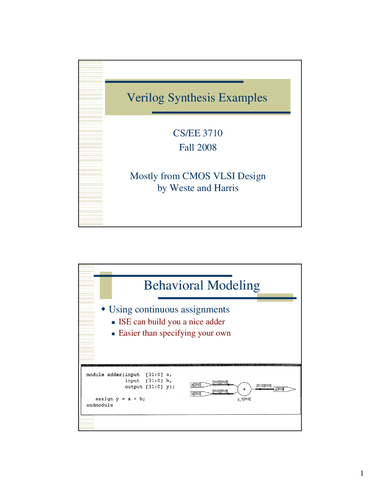 Verilog Synthesis Examples From Cmos Vlsi Design Lecture Slides Cs 3710 Docsity