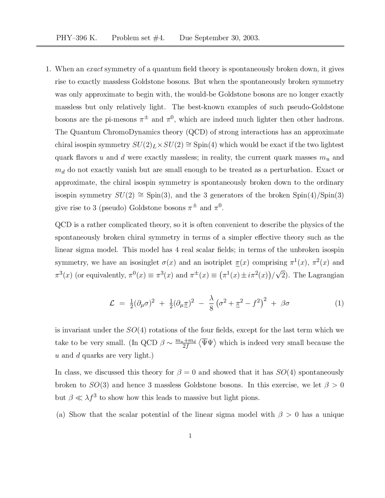 Quantum Field Theory Problem Set 4 Phy 396k Docsity