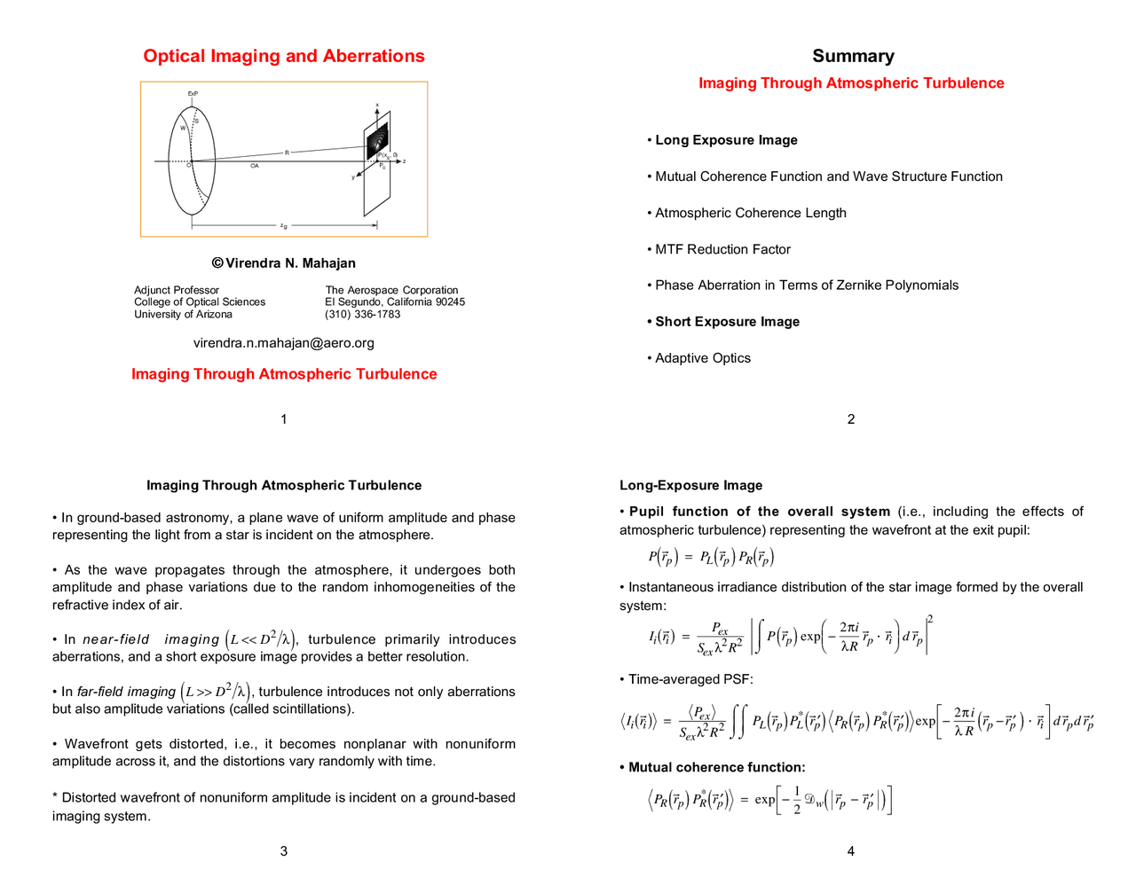 Aberrated Imaging And Propagation Review Sheet Opti 596c Docsity