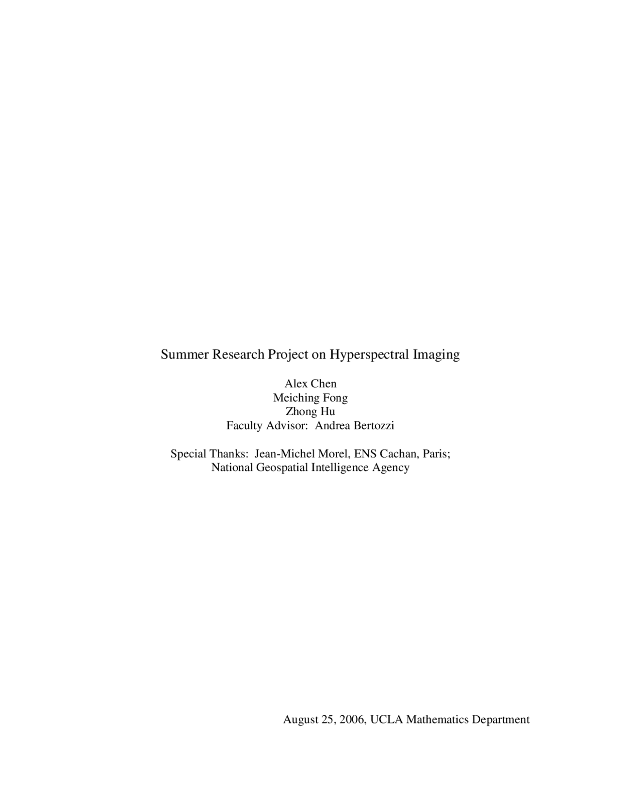 Summer Research Project on Hyperspectral Imaging | MATH 0209A - Docsity
