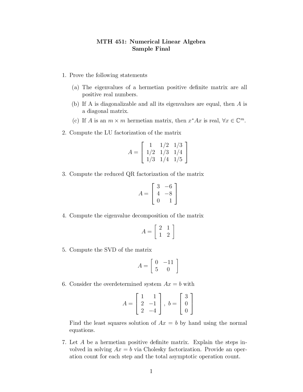 Sample Questions For Final Exam Numerical Linear Algebra Mth 451
