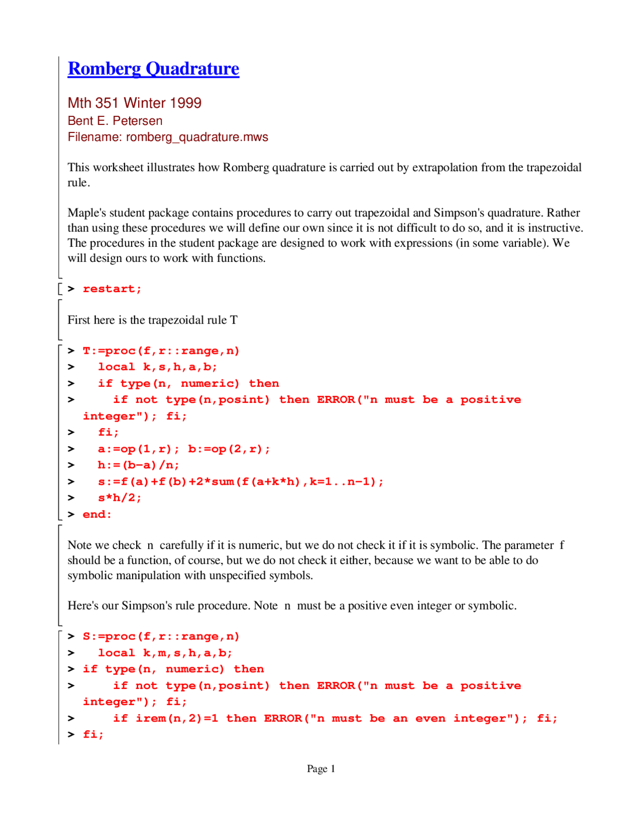 Romberg Quadrature Introduction To Numerical Analysis Handout Mth