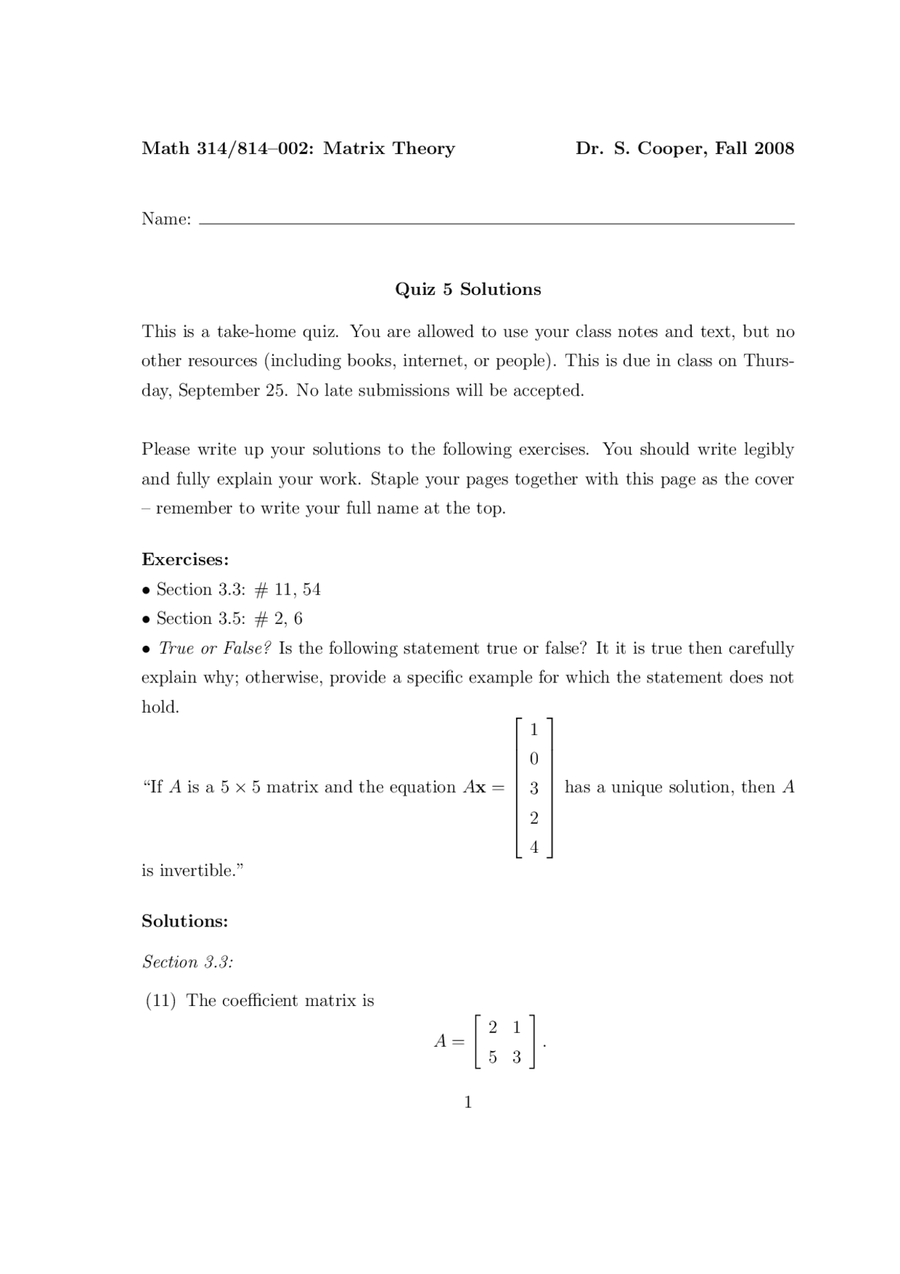 Quiz 5 Solutions Applied Linear Algebra Matrix Theory Math 314