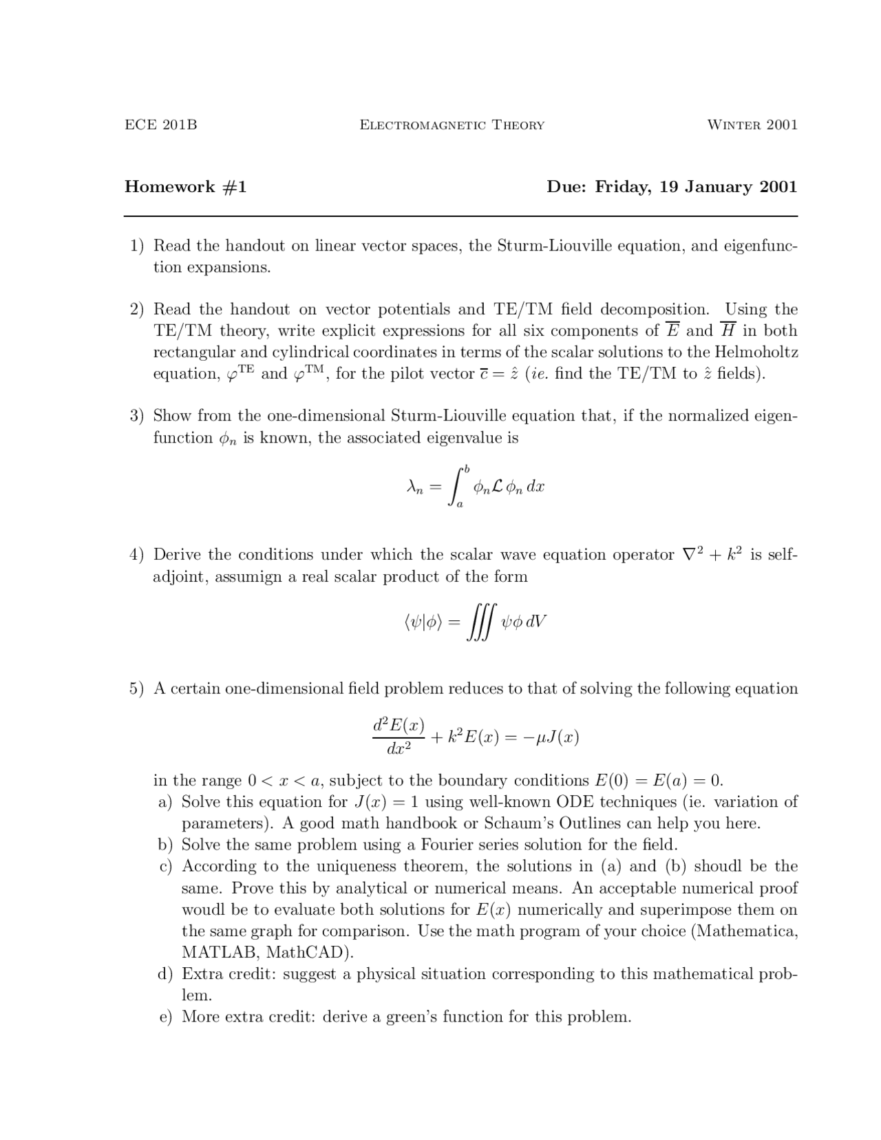 Electromagnetic Theory Assignment 1 Fall 2001 Class 201 Docsity