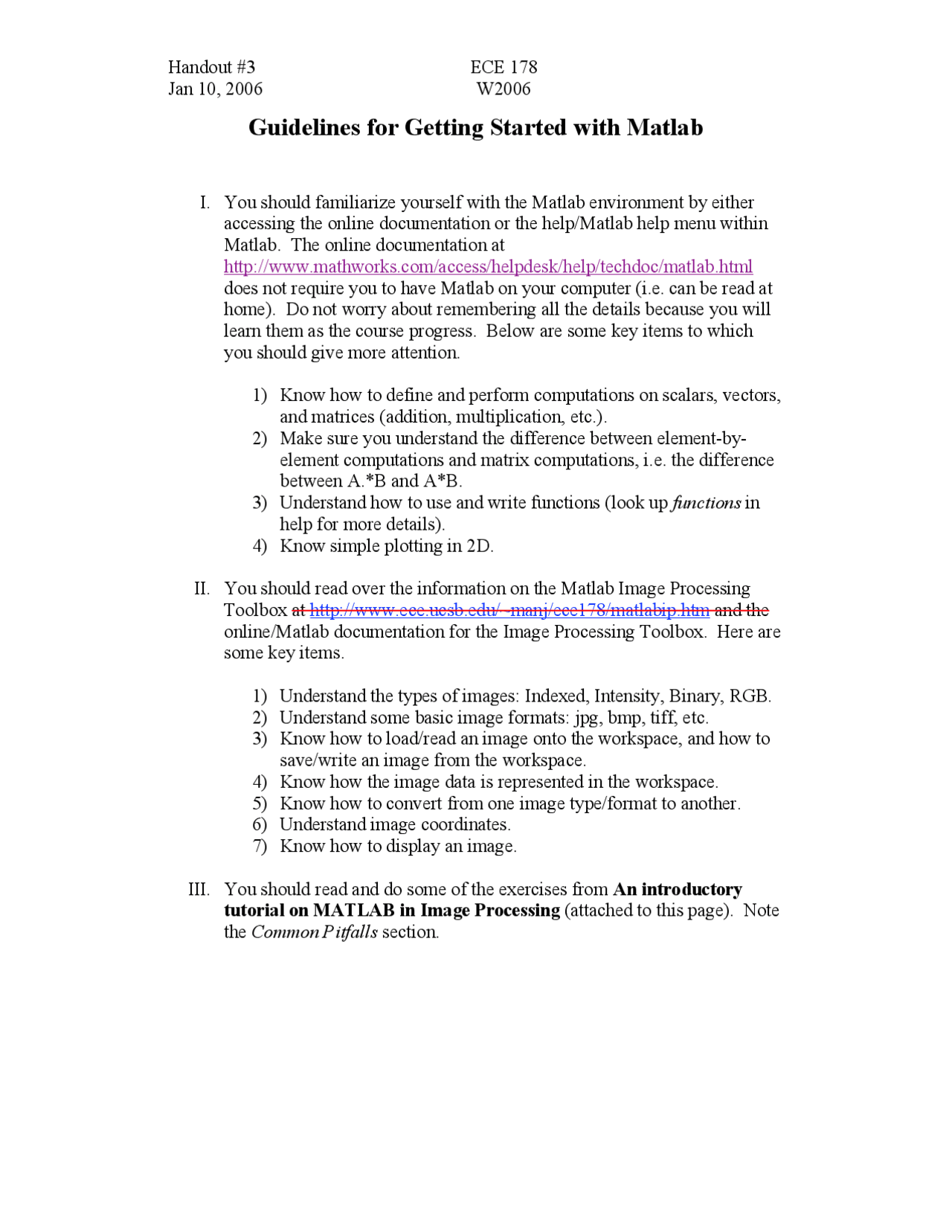 Guidelines For Getting Started With Matlab Handout Notes Ece 178