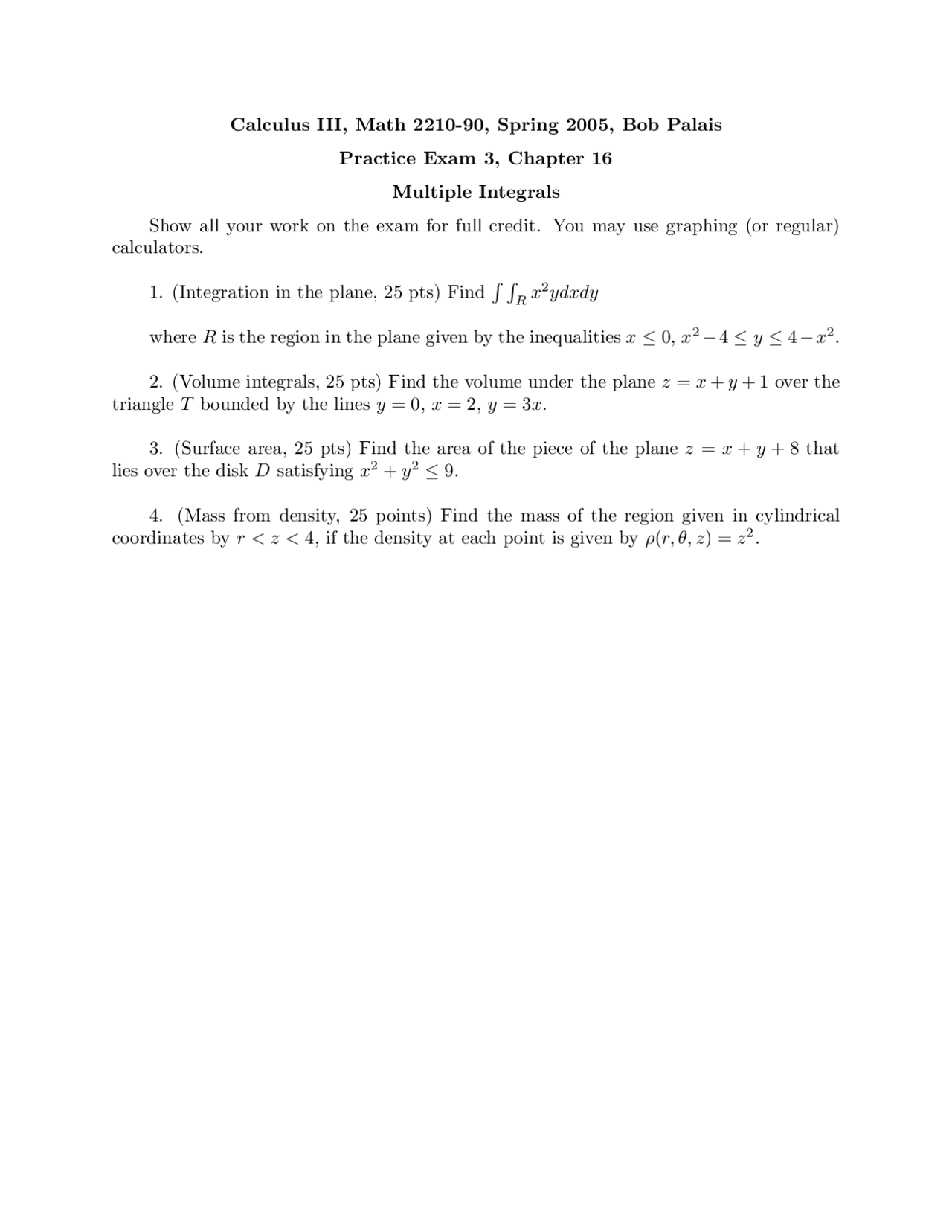 4 Practice Questions Exam 3 - Calculus III | MATH 2210 - Docsity