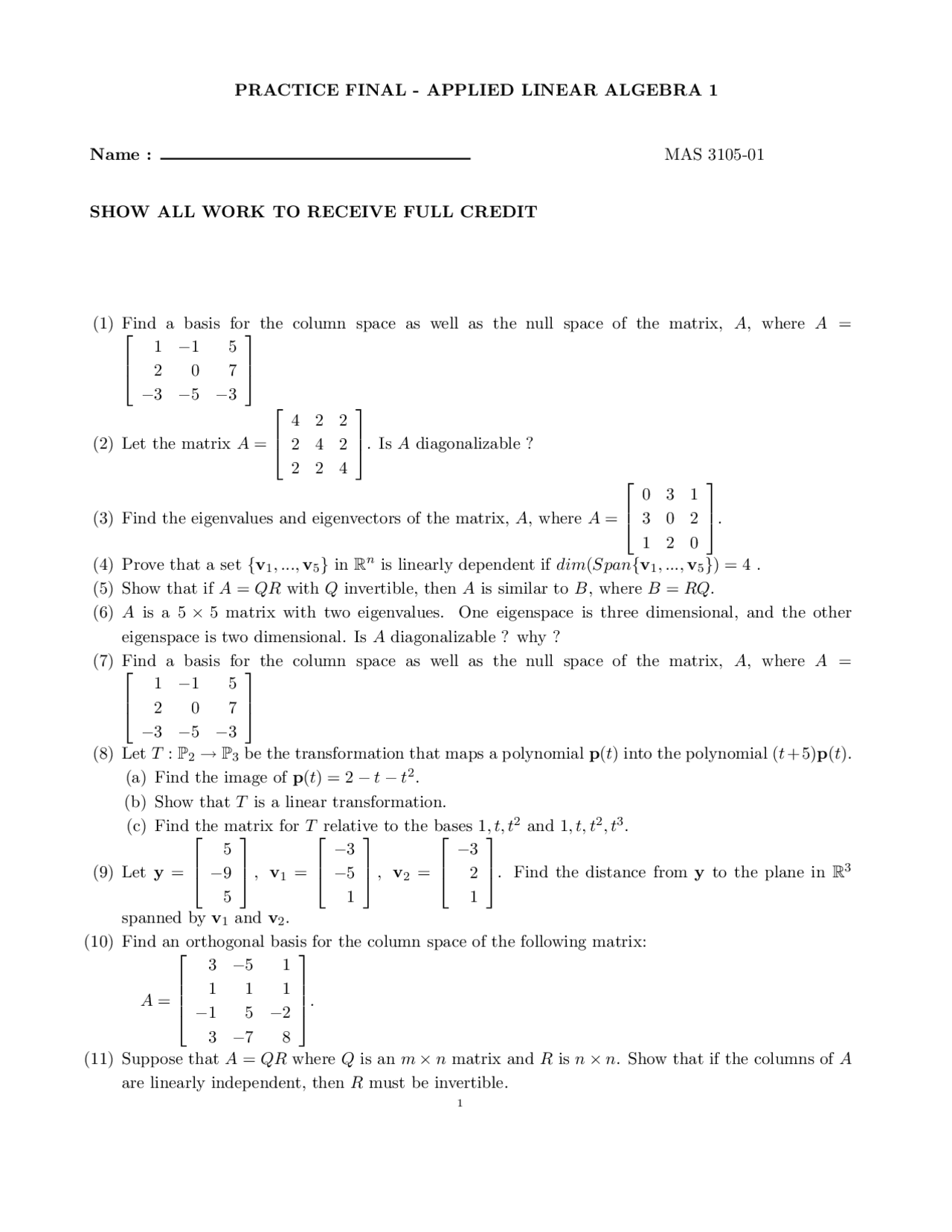 Final Exam Practice - Applied Linear Algebra I | MAS 3105 | Exams ...